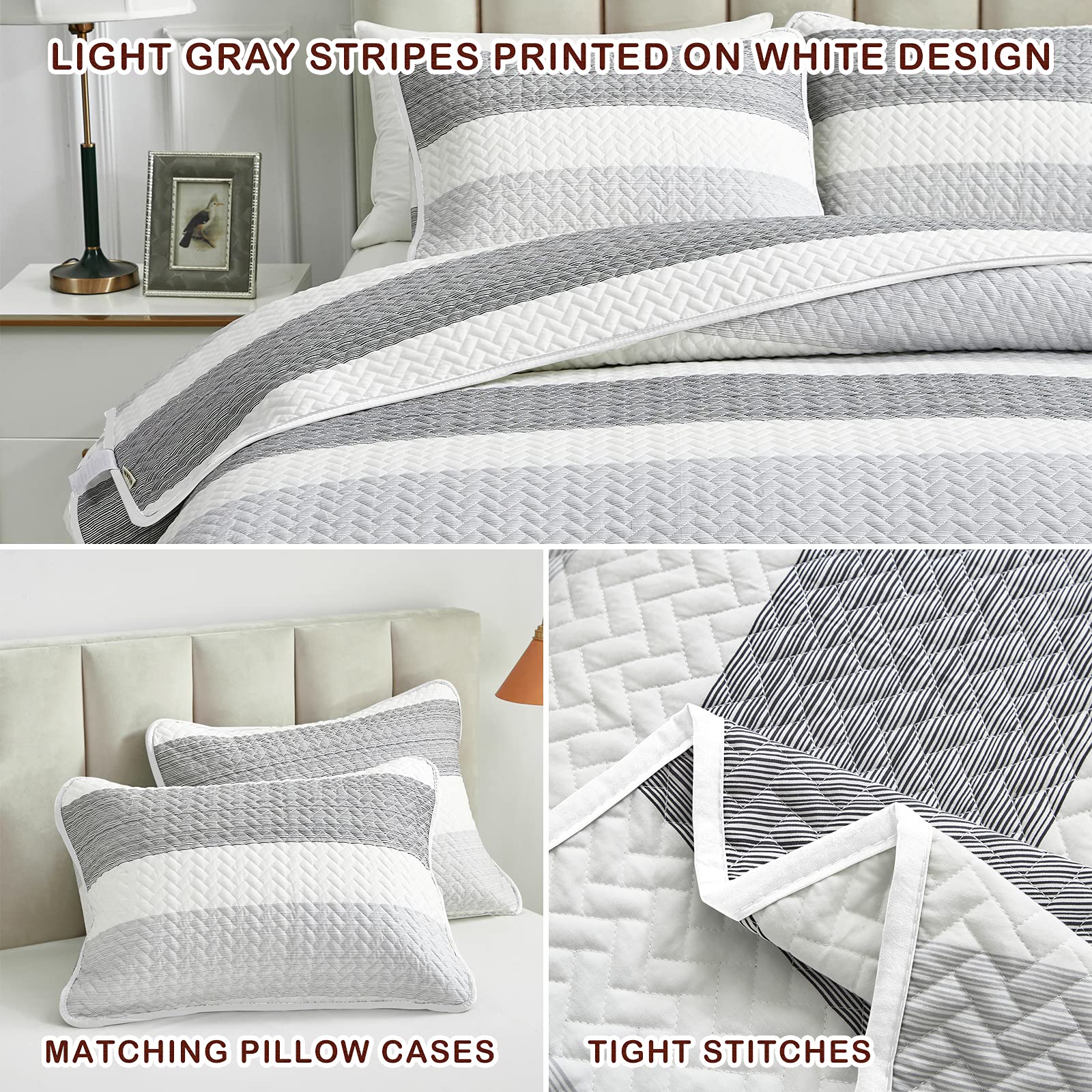 Joyreap 3-Piece Cotton Quilt Set King, Light Gray Penicl Line Stripes Printed on White, Smooth Soft Quilt Bedspread Bed Cover for All Season- 102x90 inches