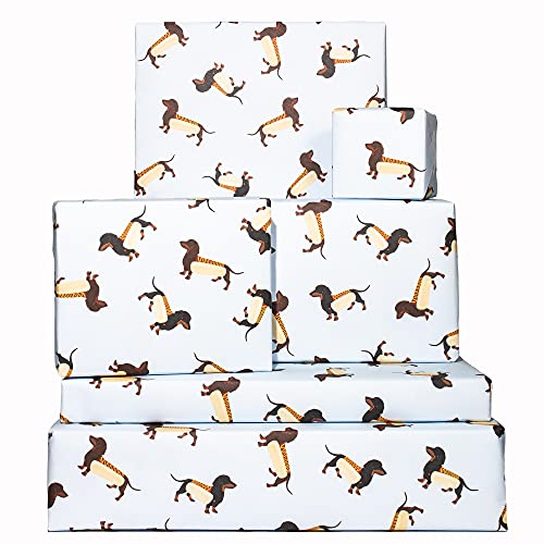 CENTRAL 23 Dog Wrapping Paper - 6 Sheets of Dog Gift Wrap - Dachshund - Sausage Dogs - Pets - Doggo - Blue Wrapping Paper For Women Men Girls Boys - Comes With Fun Stickers Recyclable