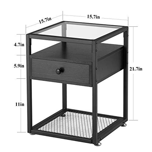 VECELO Bedside End Table, Modern Nightstand with Drawer, Night Stand for Living Room Bedroom, Tempered Glass, Black