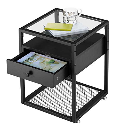 VECELO Bedside End Table, Modern Nightstand with Drawer, Night Stand for Living Room Bedroom, Tempered Glass, Black