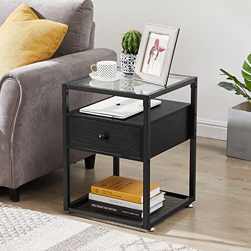 VECELO Bedside End Table, Modern Nightstand with Drawer, Night Stand for Living Room Bedroom, Tempered Glass, Black