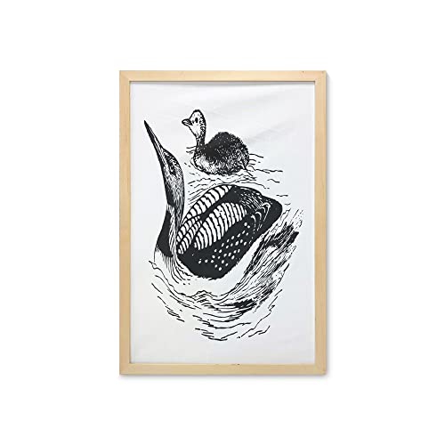 Ambesonne Loon Wall Art with Frame, Pencil Sketch Illustration of Mother and Silhouettes Swimming in Pond, Printed Fabric Poster for Bathroom Living Room Dorms, 23" x 35", Charcoal Grey White