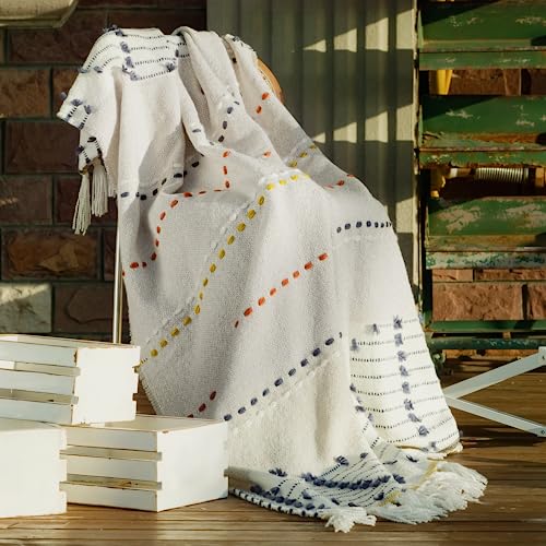 Amélie Home Boho Throw Blanket for Couch, Bohemian Decorative Summer Throw Blanket, Handmade Colorful Striped Blanket, Soft Lightweight Blanket for Sofa Chair Bed, 50x60, Pearl Grey