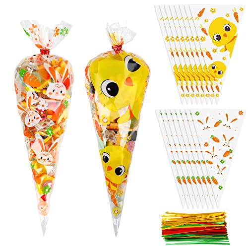 SULOLI 100Pcs Easter Cone Cellophane Treat Bags, 6.7x11.8 Inch Triangle Goody Bags with 120 PCS Twist Ties 3 Mix Colors for Easter Candy Popcorn Handmade Cookies