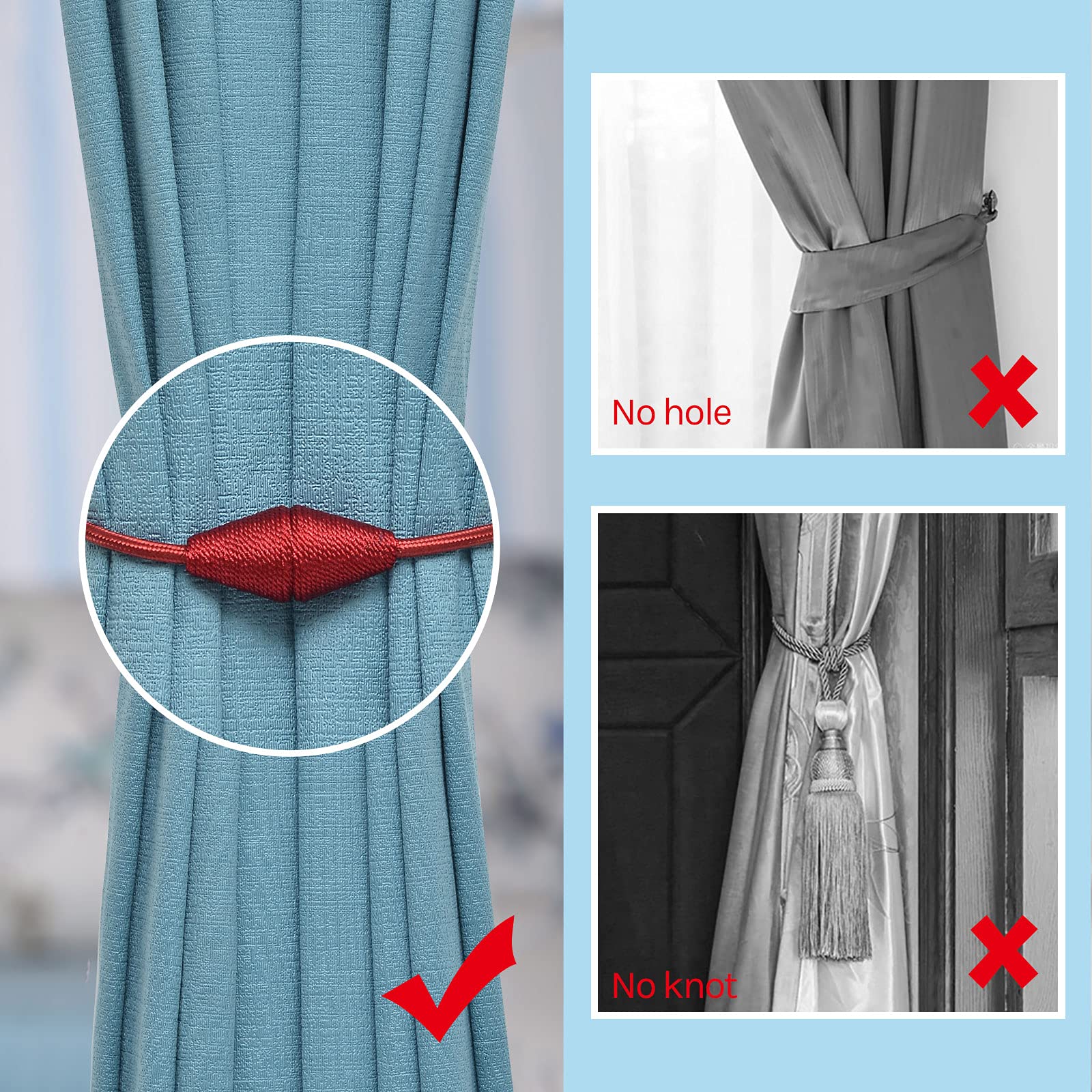 NICEEC 2 Pack Upgrade Magnetic Curtain Tiebacks 16 Inch Handmade Weave Rope Curtain Holdbacks Convenient Decorative Cone Curtain Drape Tie Backs for Home & Office Window Drapery (Red)