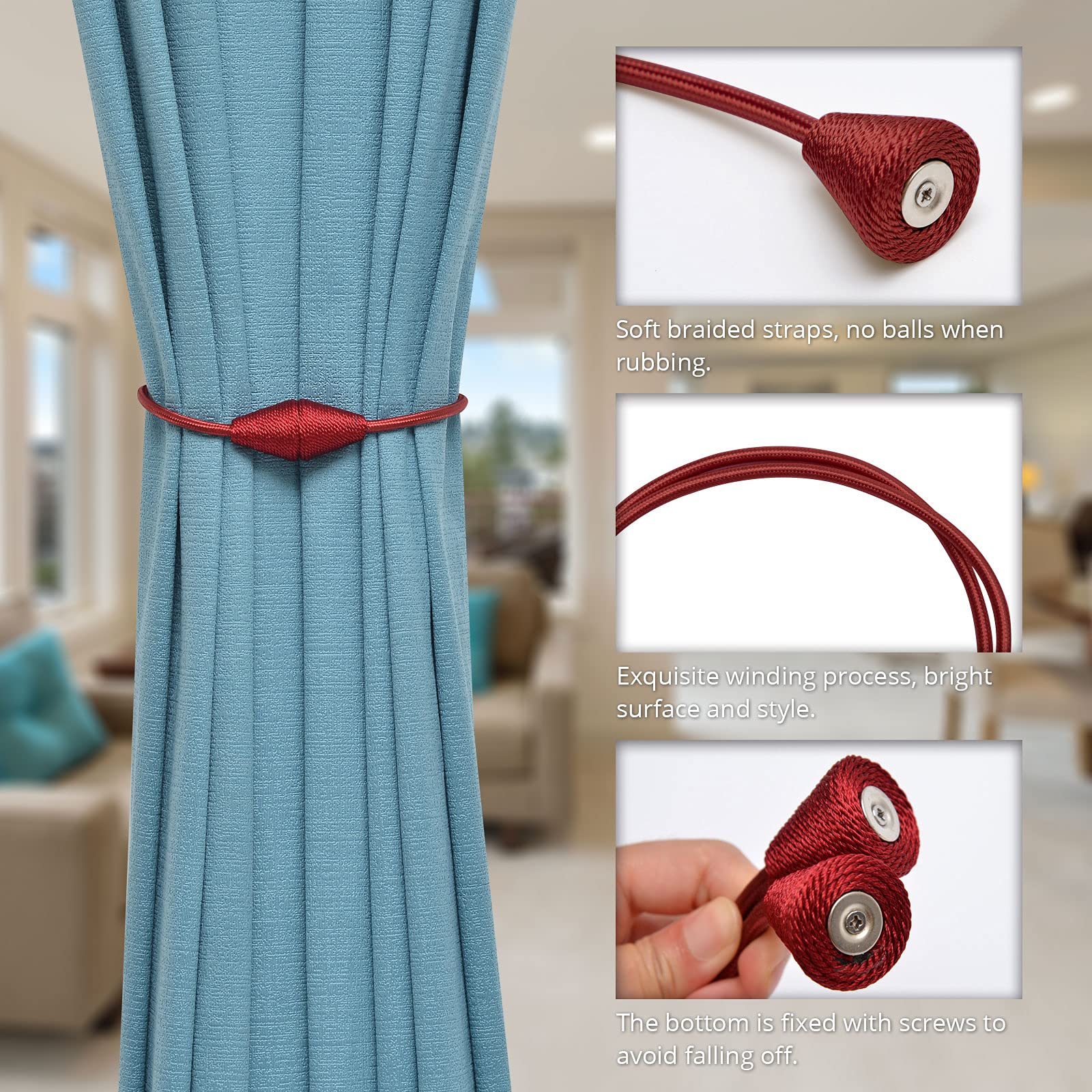 NICEEC 2 Pack Upgrade Magnetic Curtain Tiebacks 16 Inch Handmade Weave Rope Curtain Holdbacks Convenient Decorative Cone Curtain Drape Tie Backs for Home & Office Window Drapery (Red)