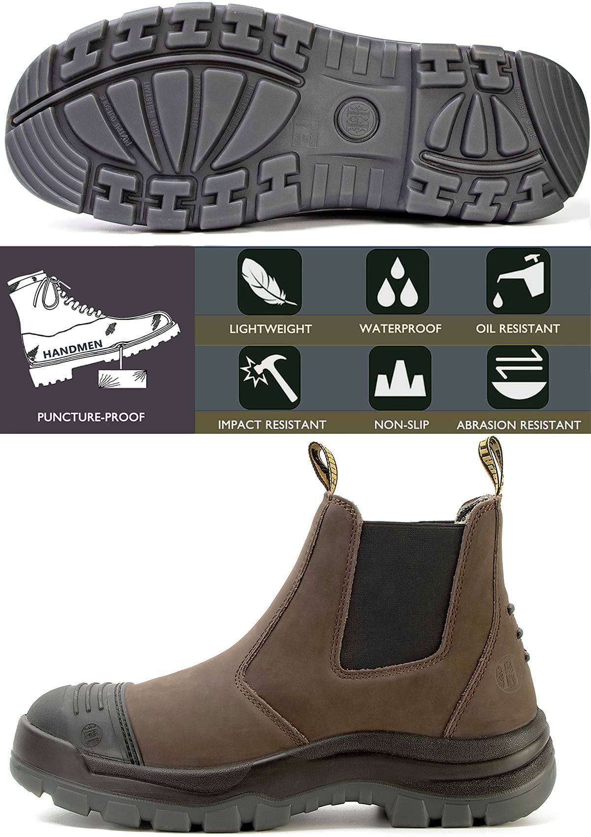 HANDMEN Work Boots for Men, Soft Toe Waterproof Working Boots, Slip Resistant Anti-Static Slip-on Safety Working Shoes 9 10 11 12 13 (COF/802EE, 11.5)