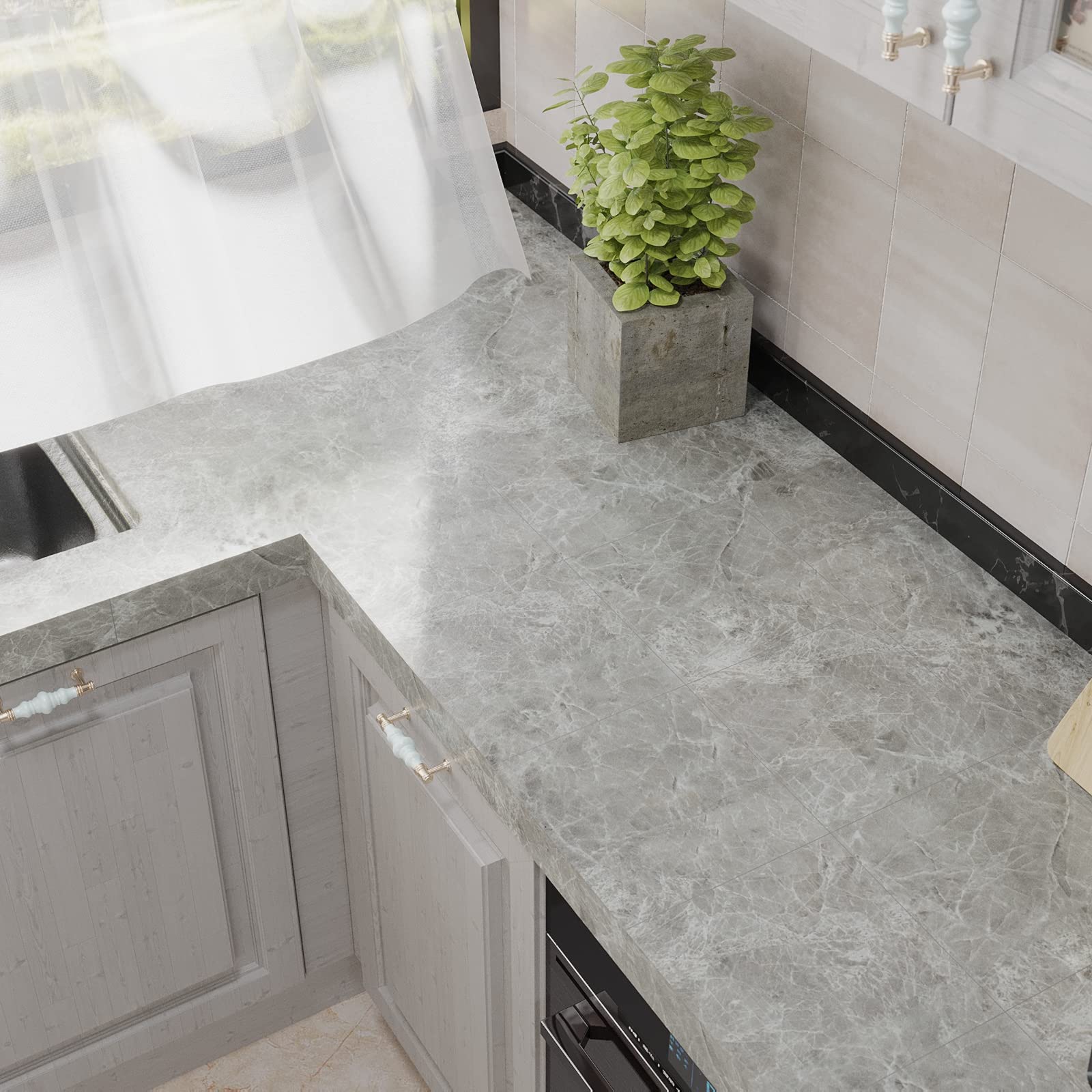 VEELIKE Peel and Stick Floor Tiles Vinyl 12''x12'' Grey Marble Vinyl Flooring 12 Pack Stick on Floor Tiles Waterproof Removable Self Adhesive Vinyl Floor Tile for Bathroom Kitchen Bedroom Floor