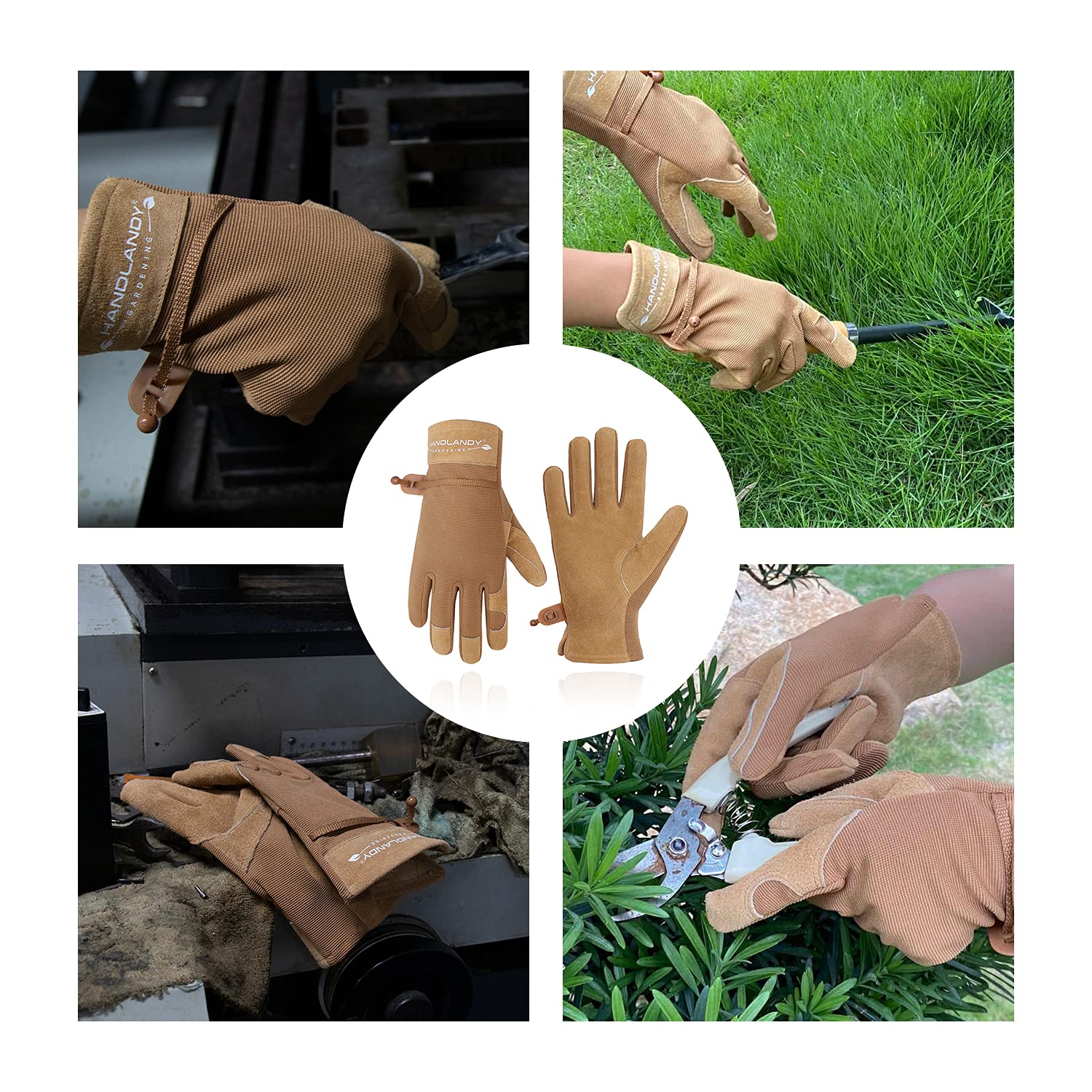HANDLANDY Gardening Gloves for Women Flexible & Durable, Breathable Utility Work Gloves Heavy Duty Leather Garden Yard Glove (Medium, khaki)