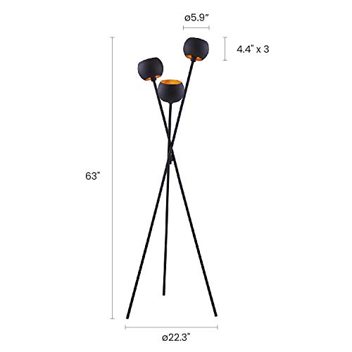 Archiology Black Modern Floor Lamp ,with 3 Matte Black Globe Head and Interwining Tripod Legs-Metal Tripod Floor Lamp for Mid-Century Living Room and Bedroom