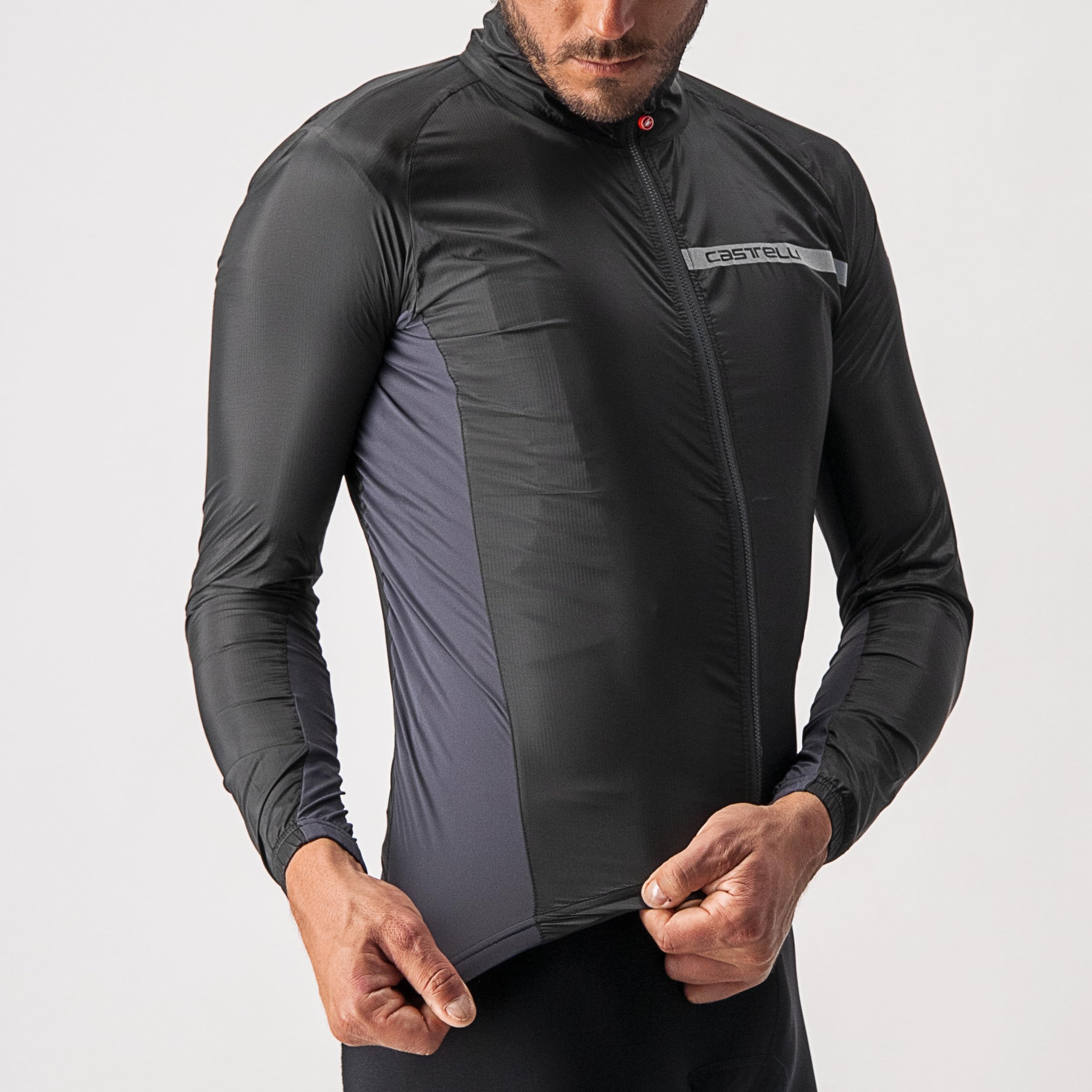 CASTELLI Men's Squadra Stretch Jacket, Windproof Zip Up Shell with High Collar for Road and Gravel Biking I Cycling - Light Black/Dark Gray - X-Large