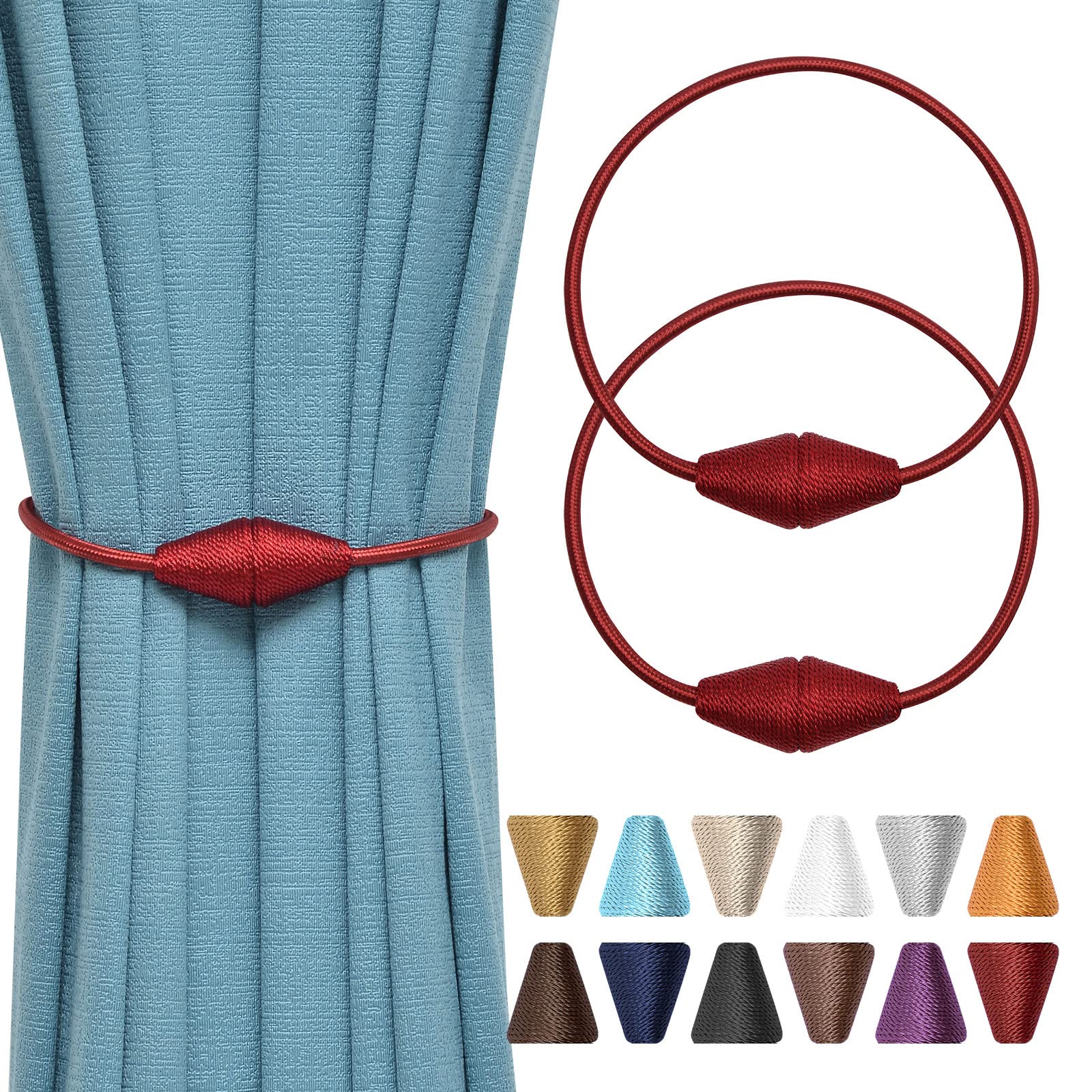 NICEEC 2 Pack Upgrade Magnetic Curtain Tiebacks 16 Inch Handmade Weave Rope Curtain Holdbacks Convenient Decorative Cone Curtain Drape Tie Backs for Home & Office Window Drapery (Red)