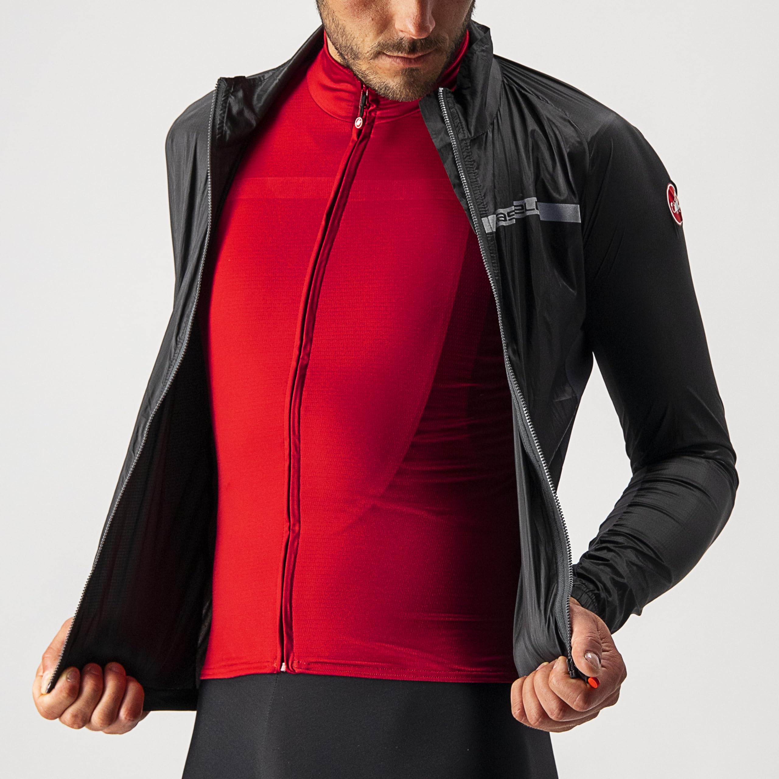 CASTELLI Men's Squadra Stretch Jacket, Windproof Zip Up Shell with High Collar for Road and Gravel Biking I Cycling - Light Black/Dark Gray - X-Large