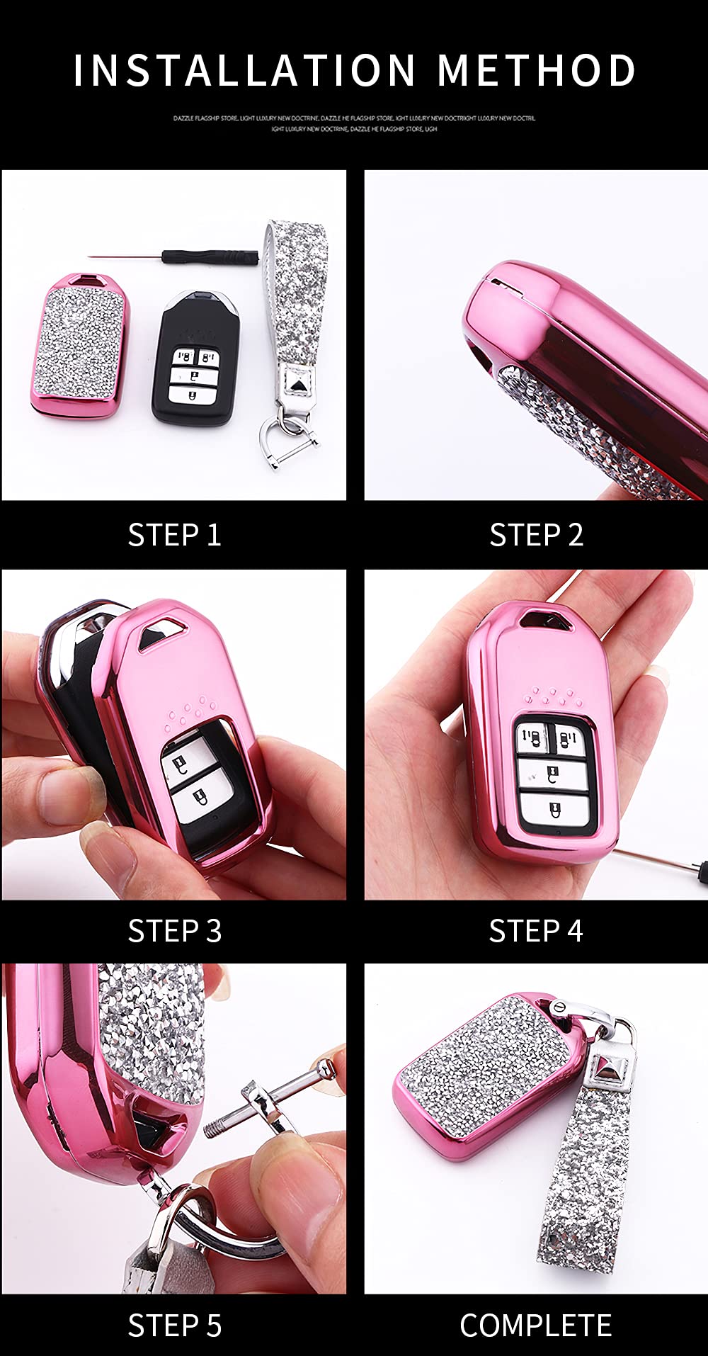 SANRILY 1Pcs Key Fob Cover for Honda Civic Accord CR-V Pilot Keyless Remote Smart Key Shell Case with Bling Key Chains Black