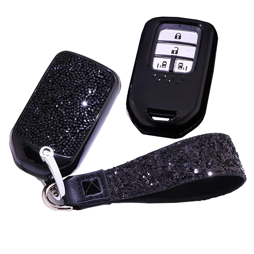 SANRILY 1Pcs Key Fob Cover for Honda Civic Accord CR-V Pilot Keyless Remote Smart Key Shell Case with Bling Key Chains Black