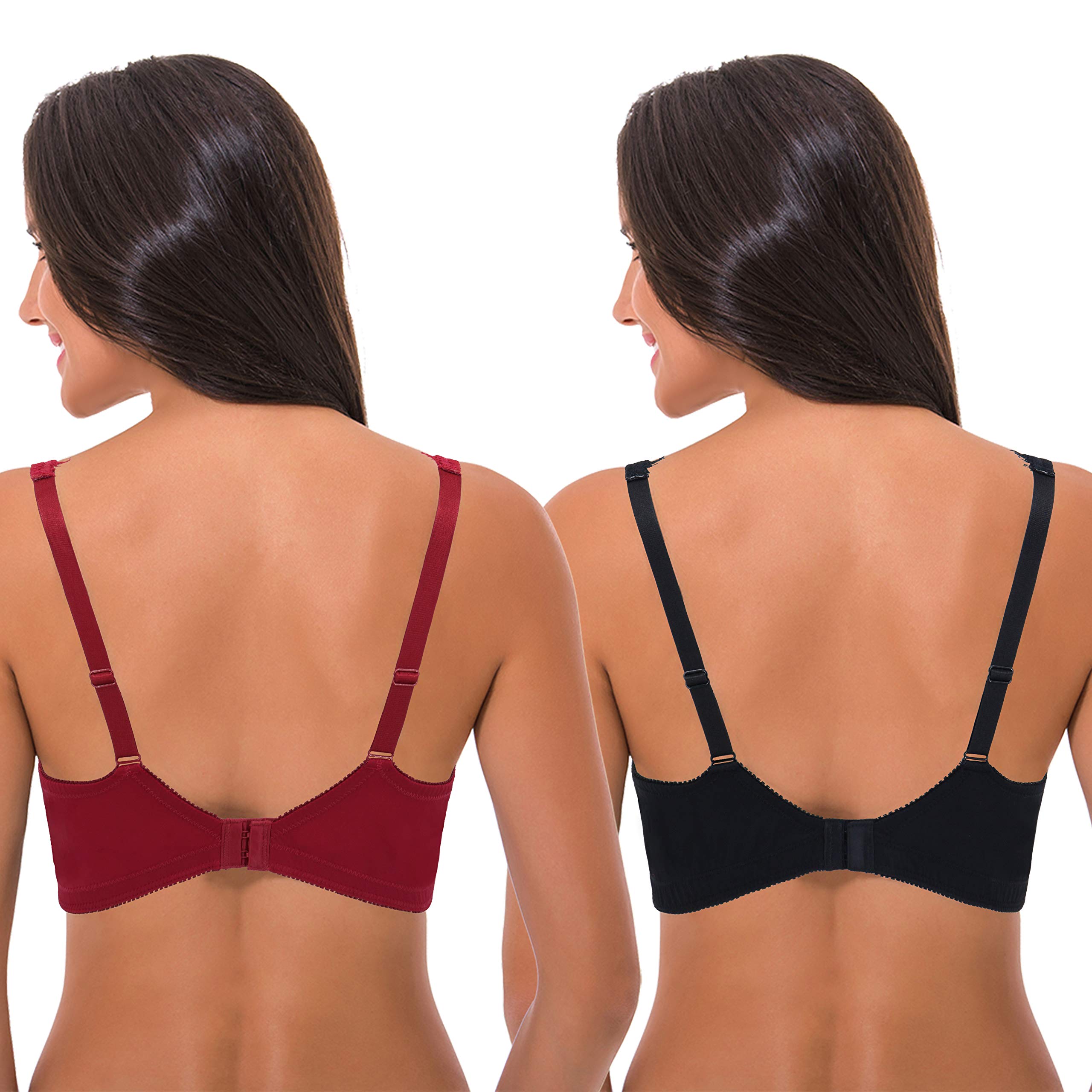 Curve Muse Women's Plus Size Minimizer Lace Full Coverage Unlined Wireless Bra-2Pack-Red,Black-36DDD
