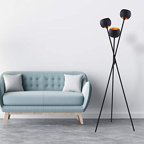 Archiology Black Modern Floor Lamp ,with 3 Matte Black Globe Head and Interwining Tripod Legs-Metal Tripod Floor Lamp for Mid-Century Living Room and Bedroom
