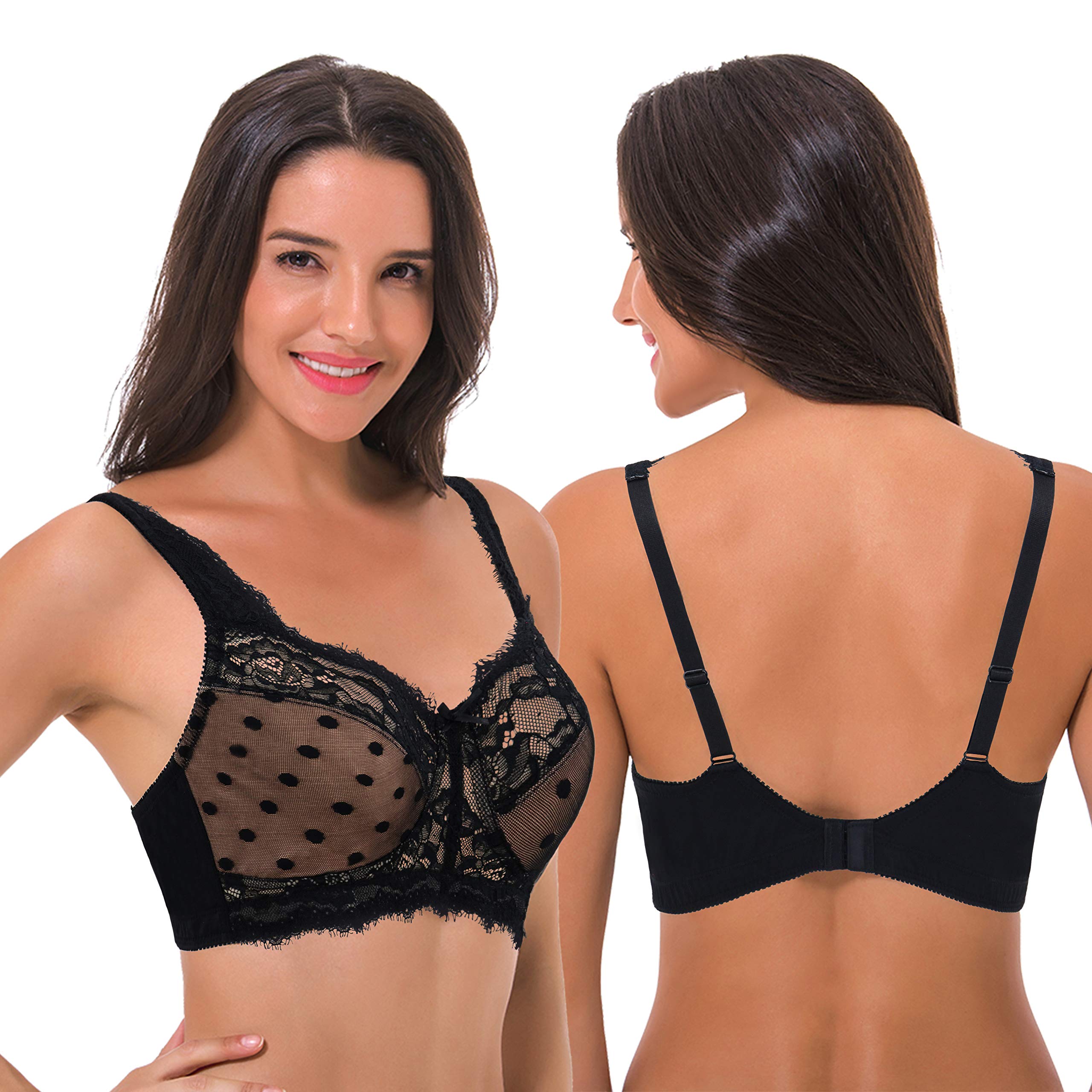 Curve Muse Women's Plus Size Minimizer Lace Full Coverage Unlined Wireless Bra-2Pack-Red,Black-36DDD