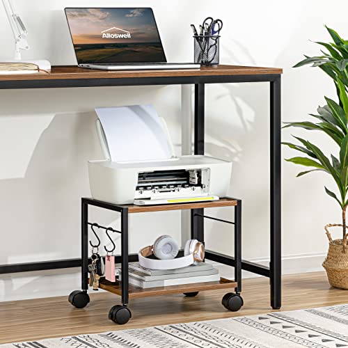 ALLOSWELL Mobile Printer Stand, 2-Tier Printer Cart with Storage, Under Desk Storage Rolling Cart on Wheels and 2 Hooks, Industrial Printer Table, for Home, Office, Scanner, Rustic Brown PTHR2001
