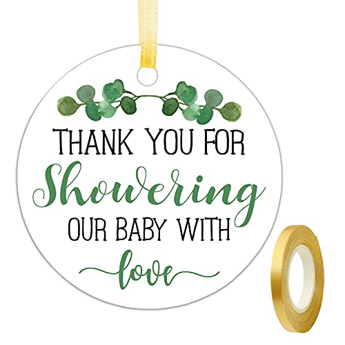 Thank You for Showering Our Baby with Love Tags, Baby Shower Favor Tags, Thank You Gift Tags Baby Shower, Thank You Tags with String, 2 Inches, 50 Count with Golden Ribbon