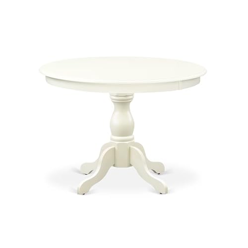 East West Furniture HBGA5-LWH-35 5 Piece Dining Table Set for 4 Includes a Round Kitchen Table with Pedestal and 4 Doeskin Linen Fabric Parsons Dining Chairs, 42x42 Inch, Linen White
