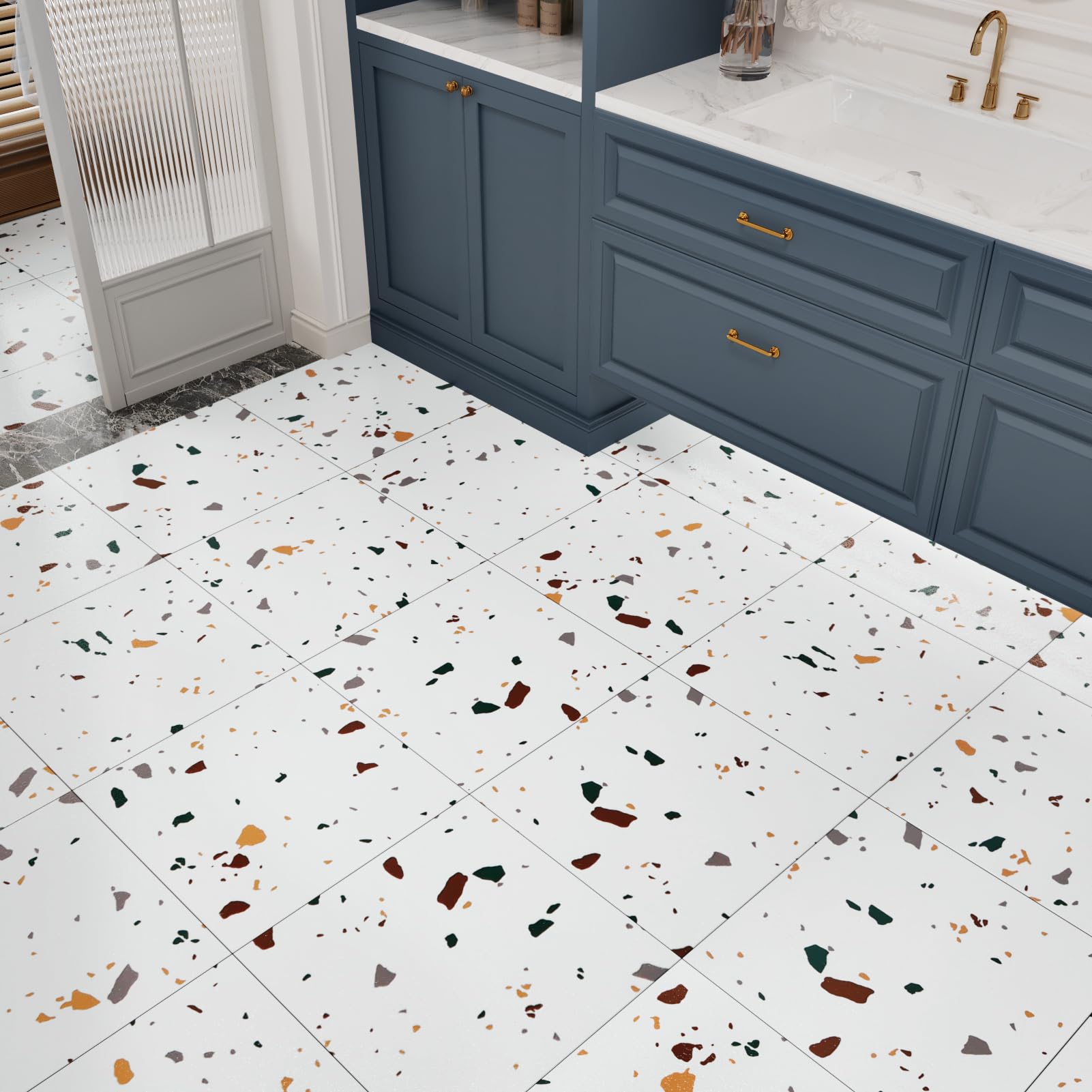 WESTICK Terrazzo Peel and Stick Floor Tile Bathroom Floor Tiles Peel and Stick Waterproof 12x12 in Self Adhesive Marble Vinyl Flooring Durable Removable Vinyl Floor Tiles for Kitchen Bedroom 5 PCS