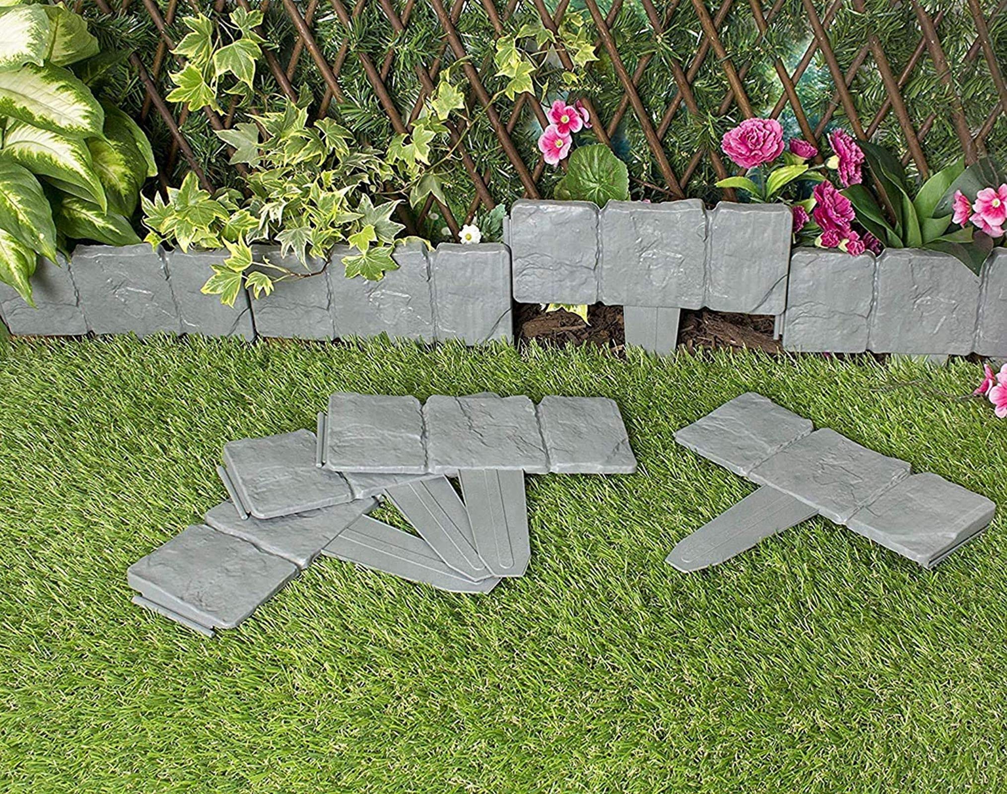 GUOFEI DIY Decorative Flower Grass Bed Border,Grey Stone Effect Plastic Palisade Fence Lawn Edging Garden Fence Edging,for Garden,Lawn,Walkway and Landscape Edging (10pcs, Gray)