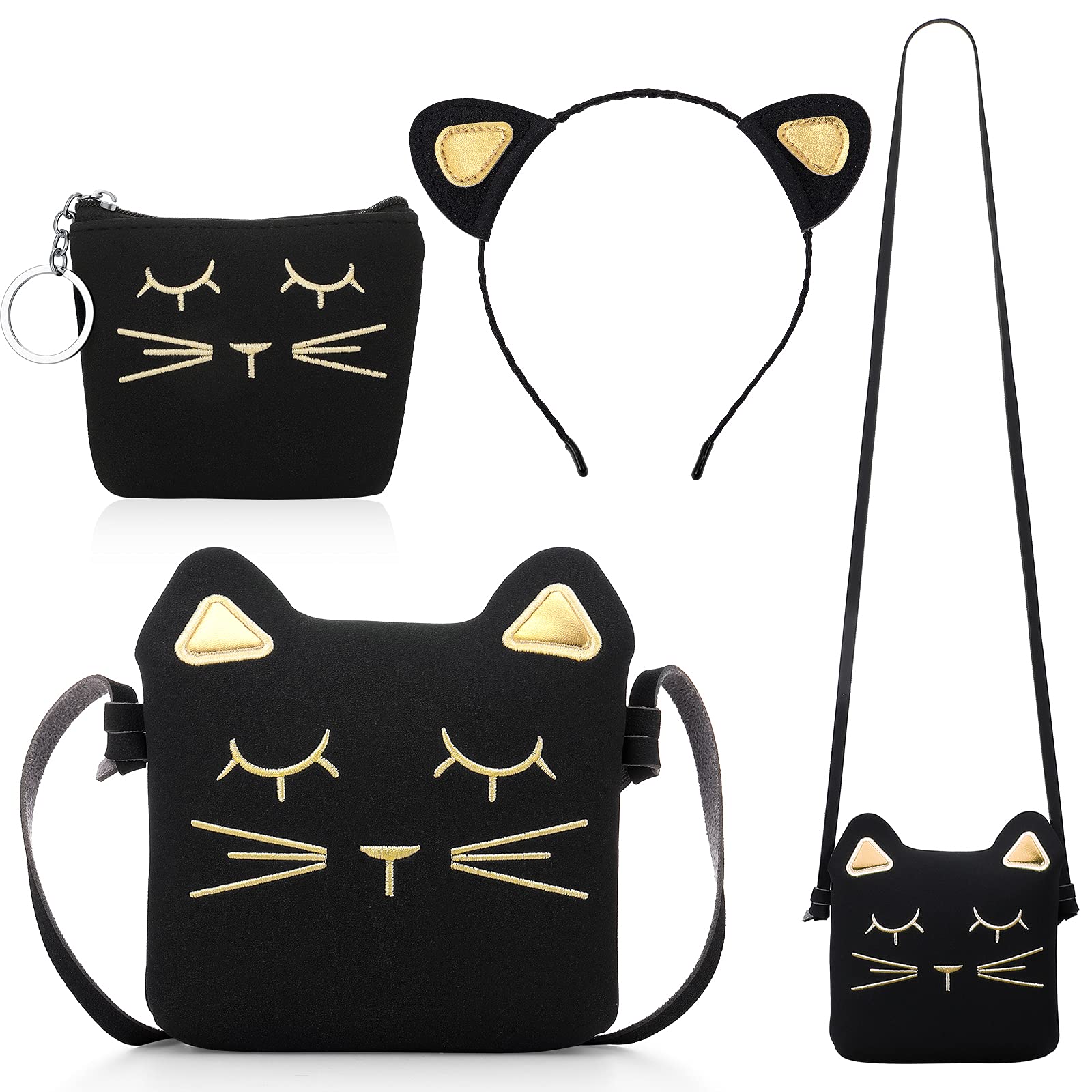 Weewooday 3 Pcs Cat Shoulder Bag Set, Christmas Cute Crossbody Bag Gift Hand Bags with Mini Coin Purse Cat Headband Gifts for Girls (Black)