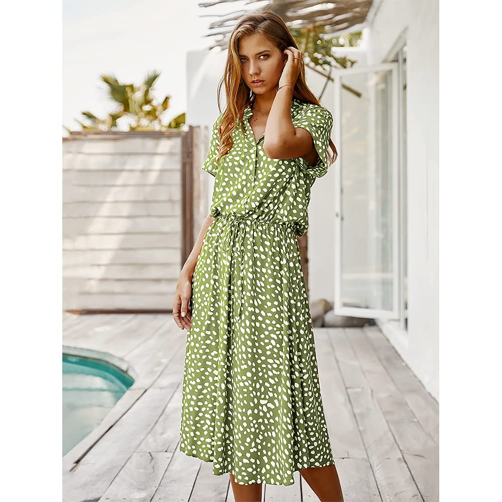 BROVAVE Women's Summer Polka Dot Print Shirt Dress Vintage Short Sleeve Button Down Midi Dress(Army Green, XL)