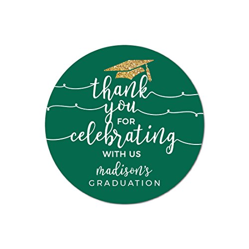 Andaz Press Emerald Forest Green and Gold Glittering Graduation Party Collection, Personalized Round Circle Label Stickers, Thank You for Celebrating With Us, 40-Pack, Madison's Graduation Custom Name