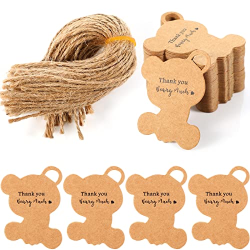 100 Pcs Thank You Tags Bear Tags Gift Tags Brown Kraft Paper Tags Hang Tags with Natural Twine for Crafts Baby Shower Gender Reveal Wedding Thanksgiving Christmas Birthday Party Favors