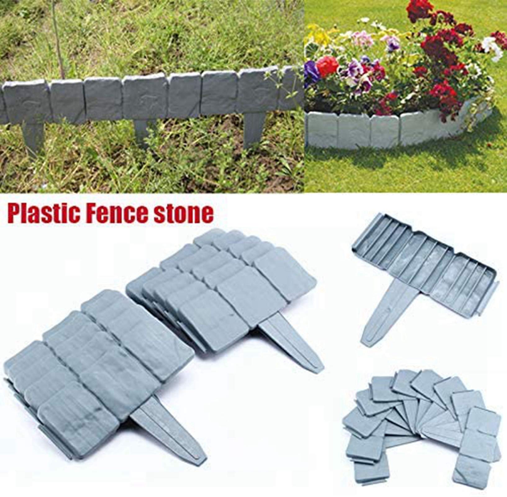 GUOFEI DIY Decorative Flower Grass Bed Border,Grey Stone Effect Plastic Palisade Fence Lawn Edging Garden Fence Edging,for Garden,Lawn,Walkway and Landscape Edging (10pcs, Gray)