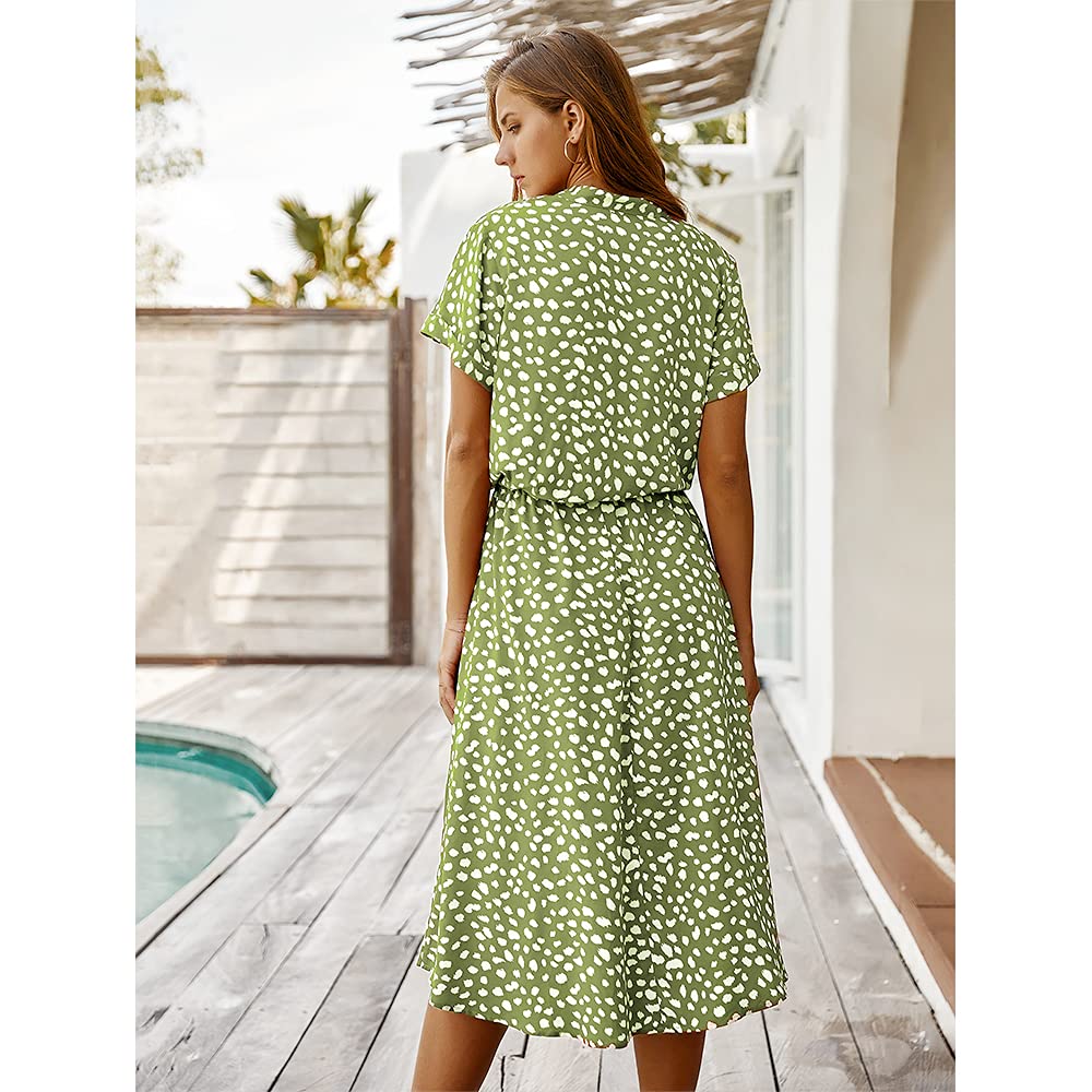 BROVAVE Women's Summer Polka Dot Print Shirt Dress Vintage Short Sleeve Button Down Midi Dress(Army Green, XL)