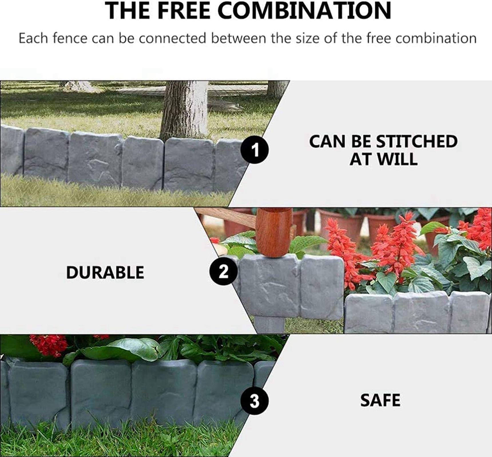 GUOFEI DIY Decorative Flower Grass Bed Border,Grey Stone Effect Plastic Palisade Fence Lawn Edging Garden Fence Edging,for Garden,Lawn,Walkway and Landscape Edging (10pcs, Gray)