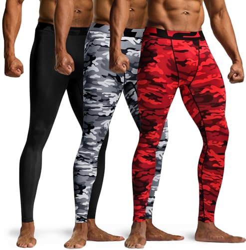 TSLA Men's Compression Pants - Cool Dry Athletic Sports Workout Running Tights Leggings Baselayer, 3pack Tights Camo Black/Camo Grey/Camo Red, Medium