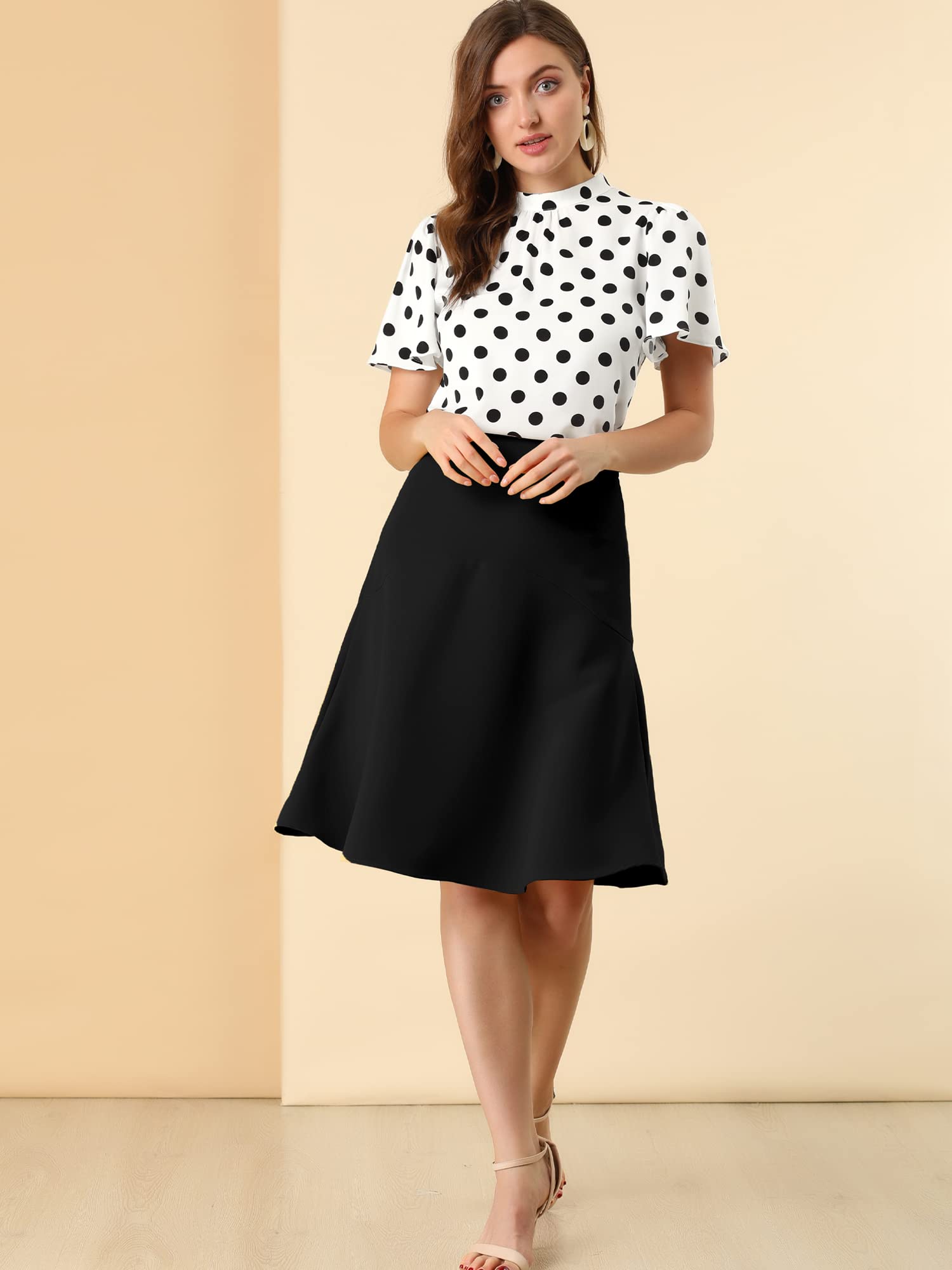 Allegra K Women's Polka Dots Blouse Stand Collar Pleat Keyhole Back Short Flare Sleeve Tops Medium White Black
