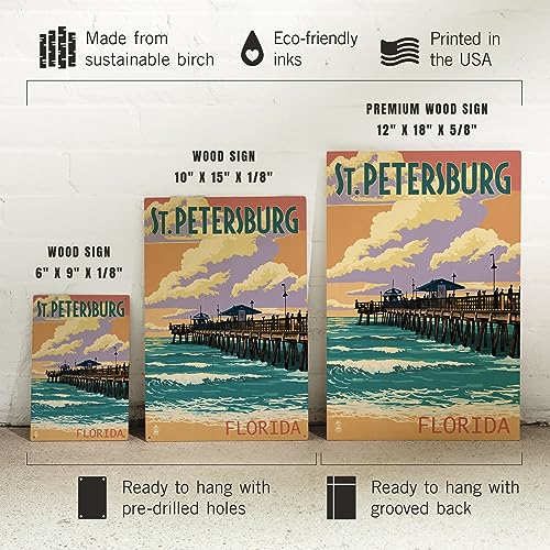 Lantern Press 6x9 Inch Wood Sign, Ready to Hang Wall Decor, St Petersburg, Florida, Pier and Sunset