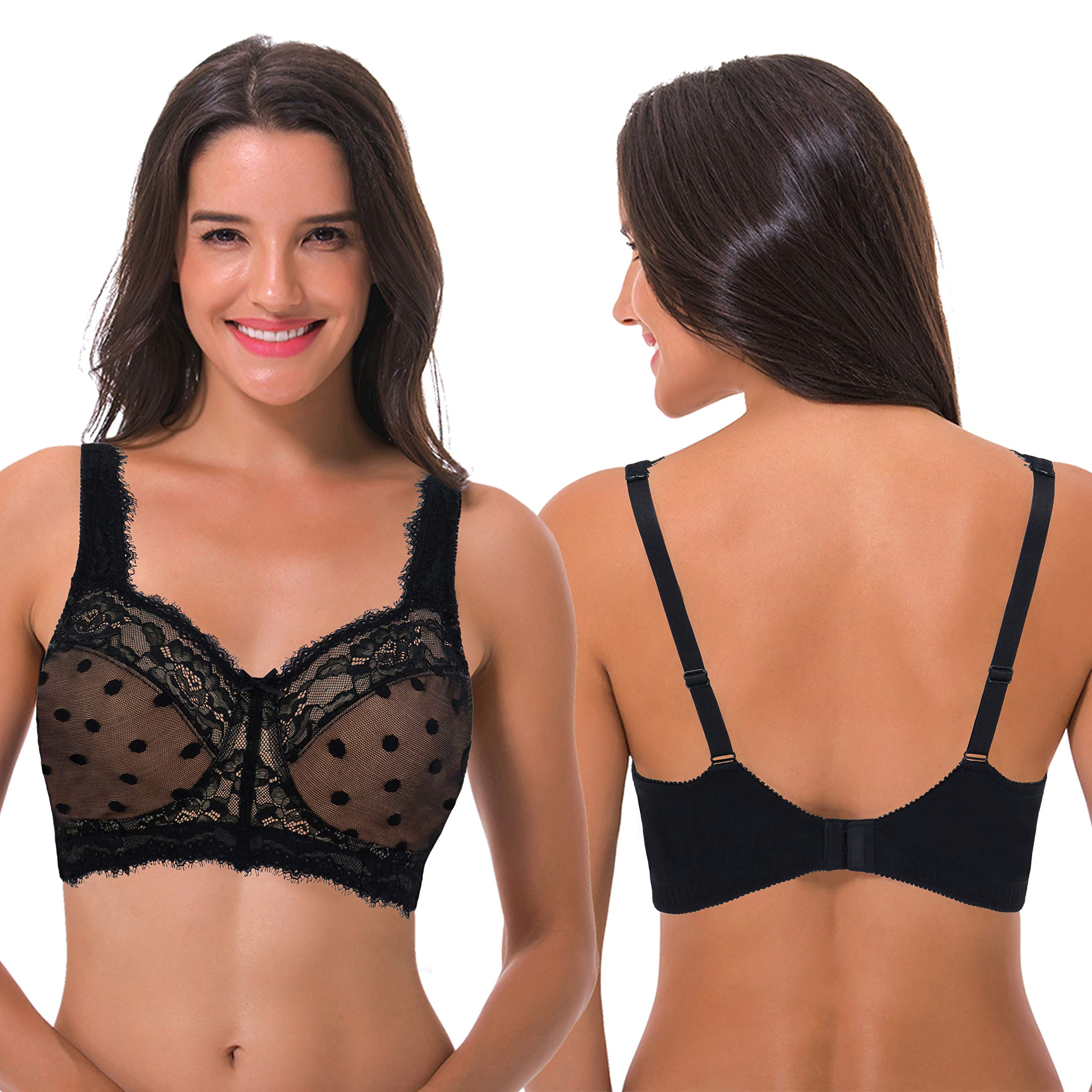 Curve Muse Women's Plus Size Minimizer Lace Full Coverage Unlined Wireless Bra-2Pack-Red,Black-36DDD