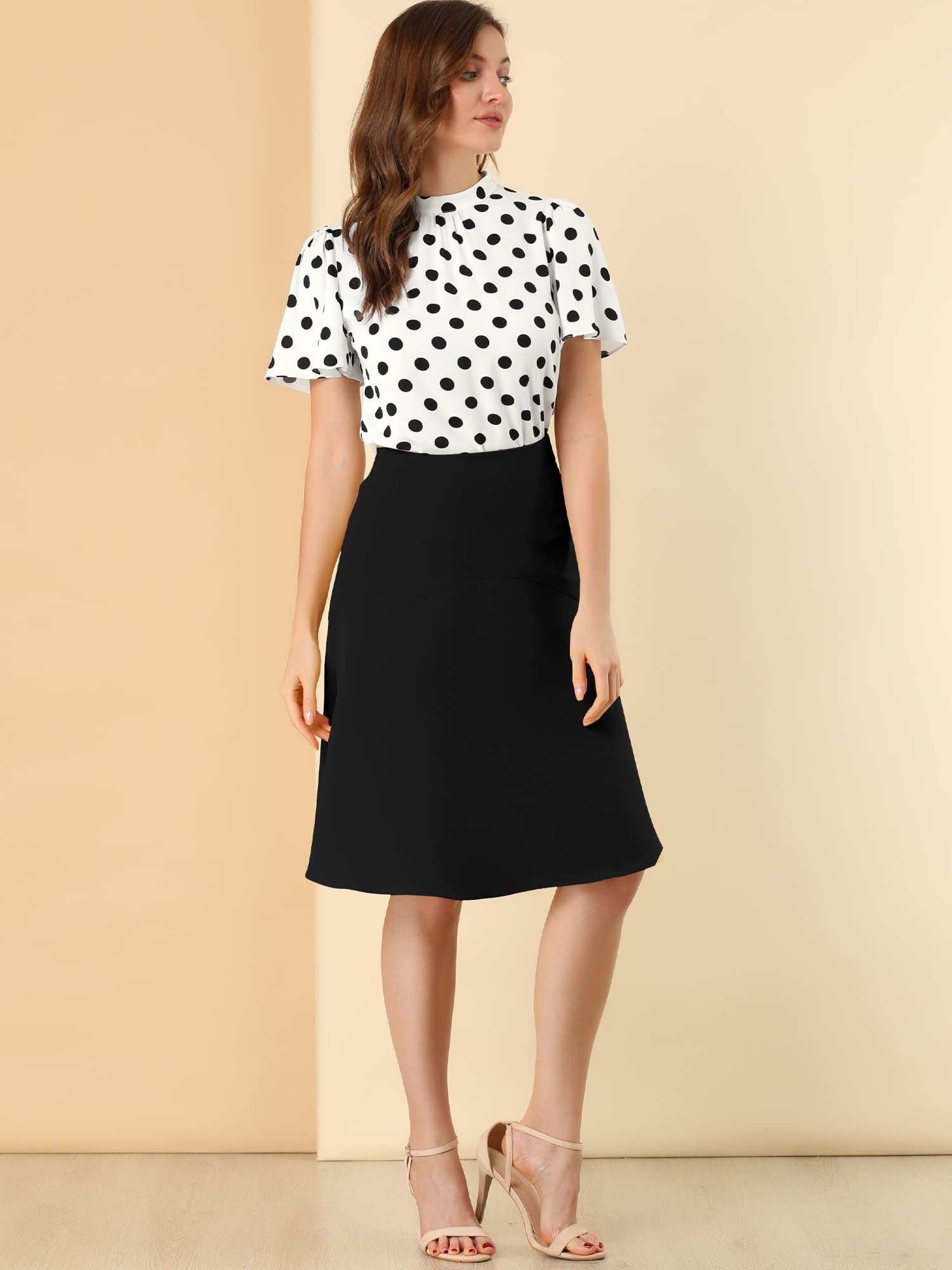 Allegra K Women's Polka Dots Blouse Stand Collar Pleat Keyhole Back Short Flare Sleeve Tops Medium White Black