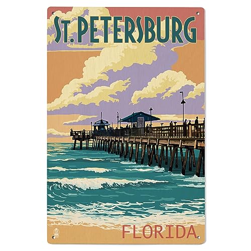 Lantern Press 6x9 Inch Wood Sign, Ready to Hang Wall Decor, St Petersburg, Florida, Pier and Sunset