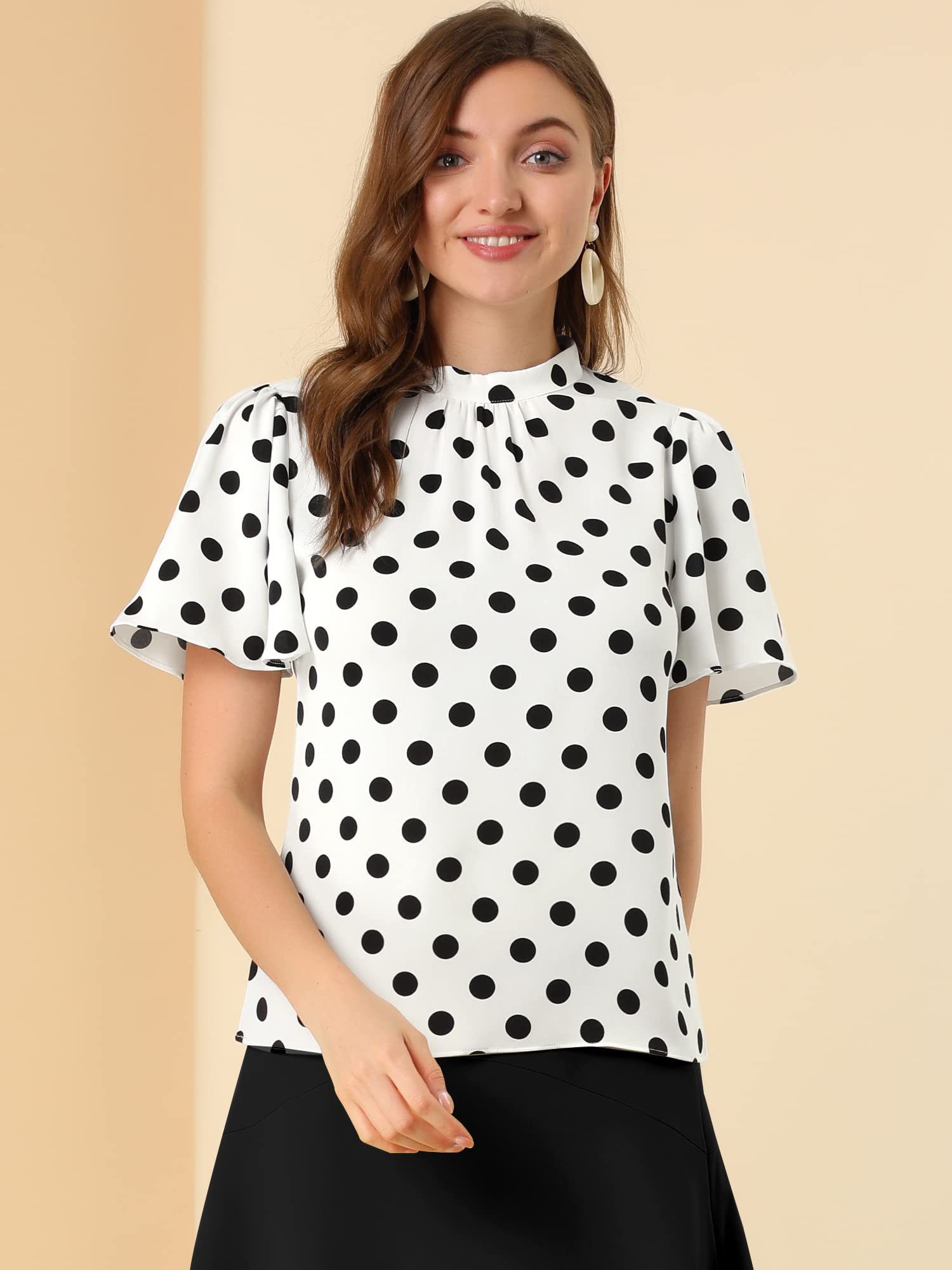 Allegra K Women's Polka Dots Blouse Stand Collar Pleat Keyhole Back Short Flare Sleeve Tops Medium White Black