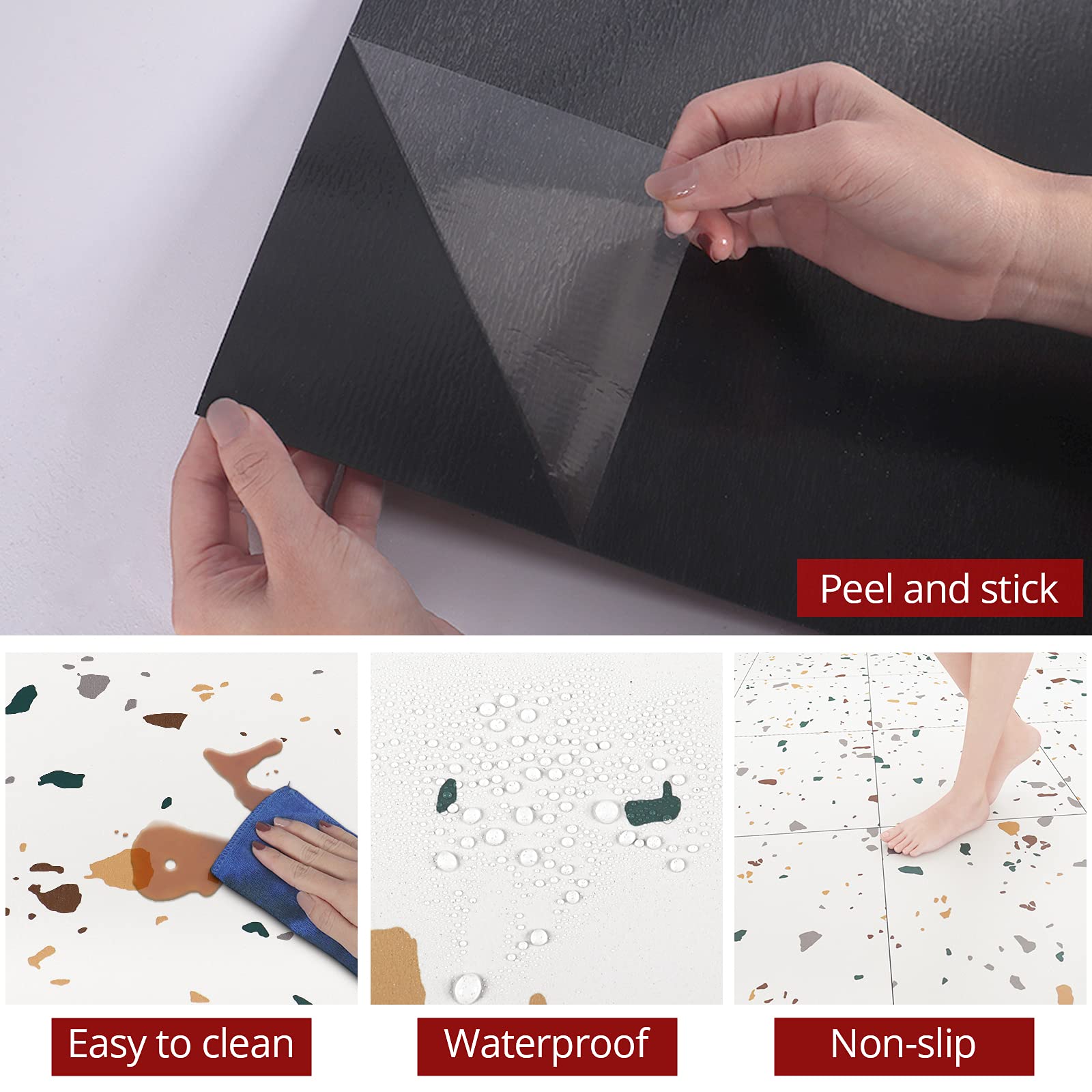 WESTICK Terrazzo Peel and Stick Floor Tile Bathroom Floor Tiles Peel and Stick Waterproof 12x12 in Self Adhesive Marble Vinyl Flooring Durable Removable Vinyl Floor Tiles for Kitchen Bedroom 5 PCS