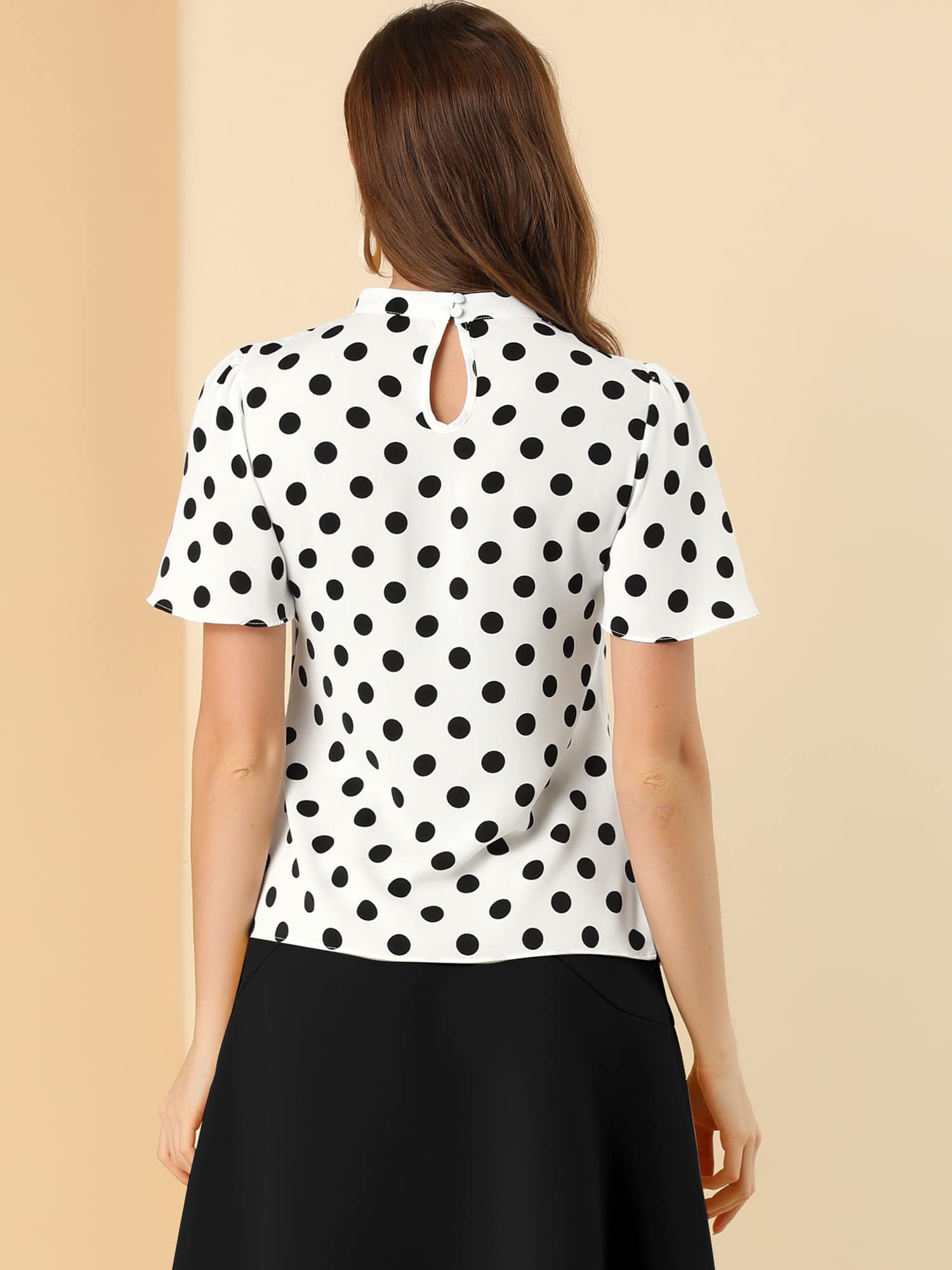 Allegra K Women's Polka Dots Blouse Stand Collar Pleat Keyhole Back Short Flare Sleeve Tops Medium White Black