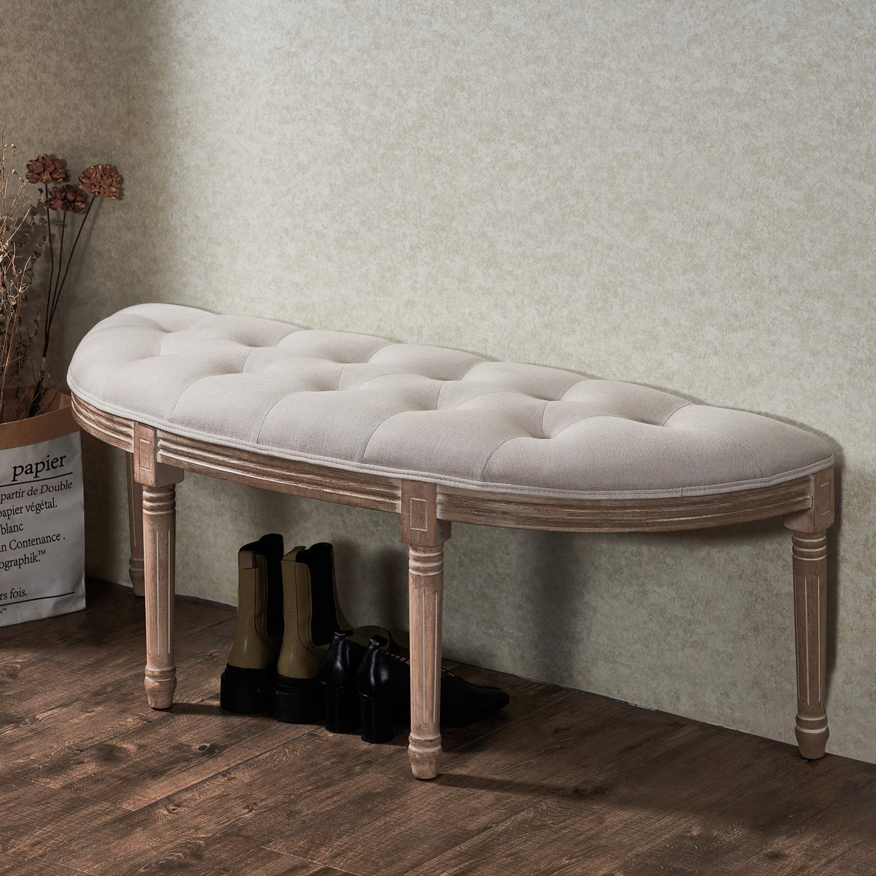 VONLUCE Vintage French Bench, Beige, 49" Upholstered Entryway Bench & Dining Bench, Rubberwood Legs, Padded Seat, 330-pound Weight Capacity