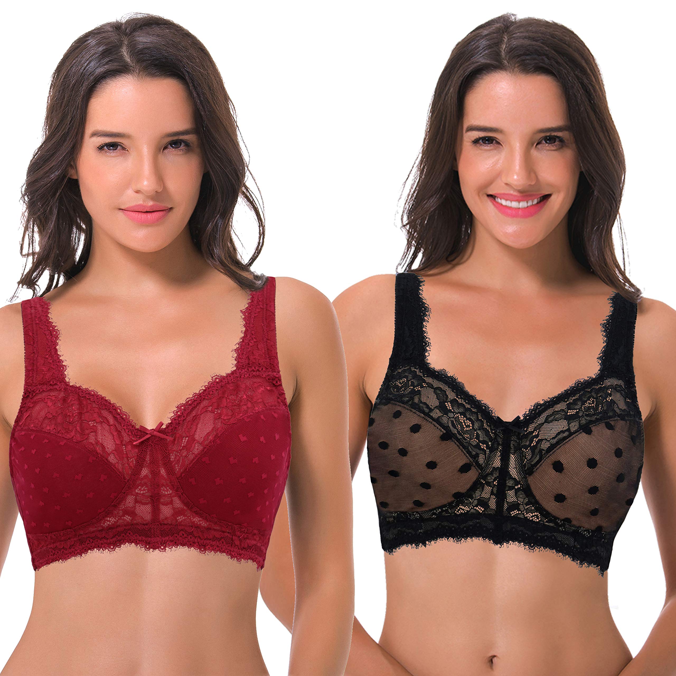 Curve Muse Women's Plus Size Minimizer Lace Full Coverage Unlined Wireless Bra-2Pack-Red,Black-36DDD