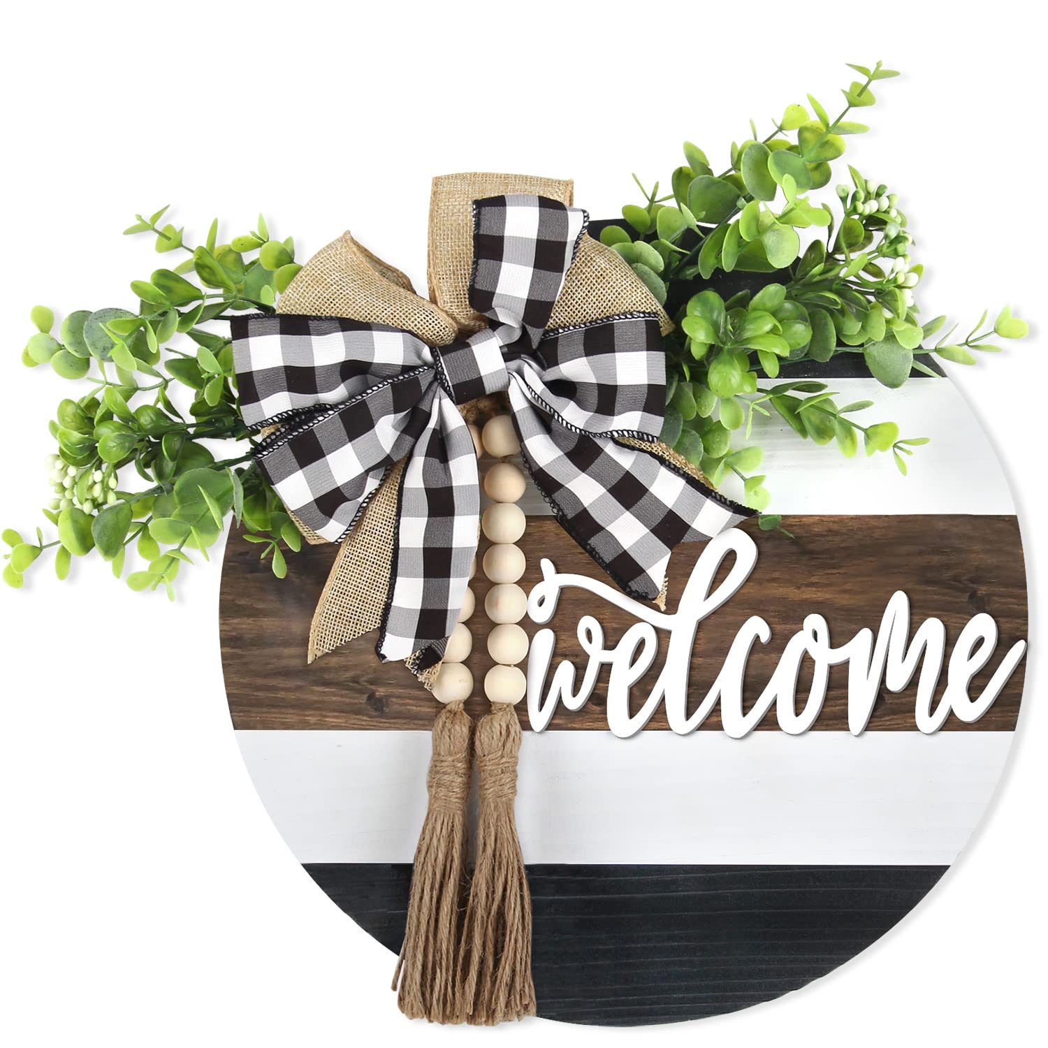 Welcome Sign for Front Door Decor, Farmhouse Decor Wreath Wall Hanging Welcome Door Sign with Wood Bead Garland with Tassels Welcome Front Porch Door Sign for Indoor Outdoor Home Decor