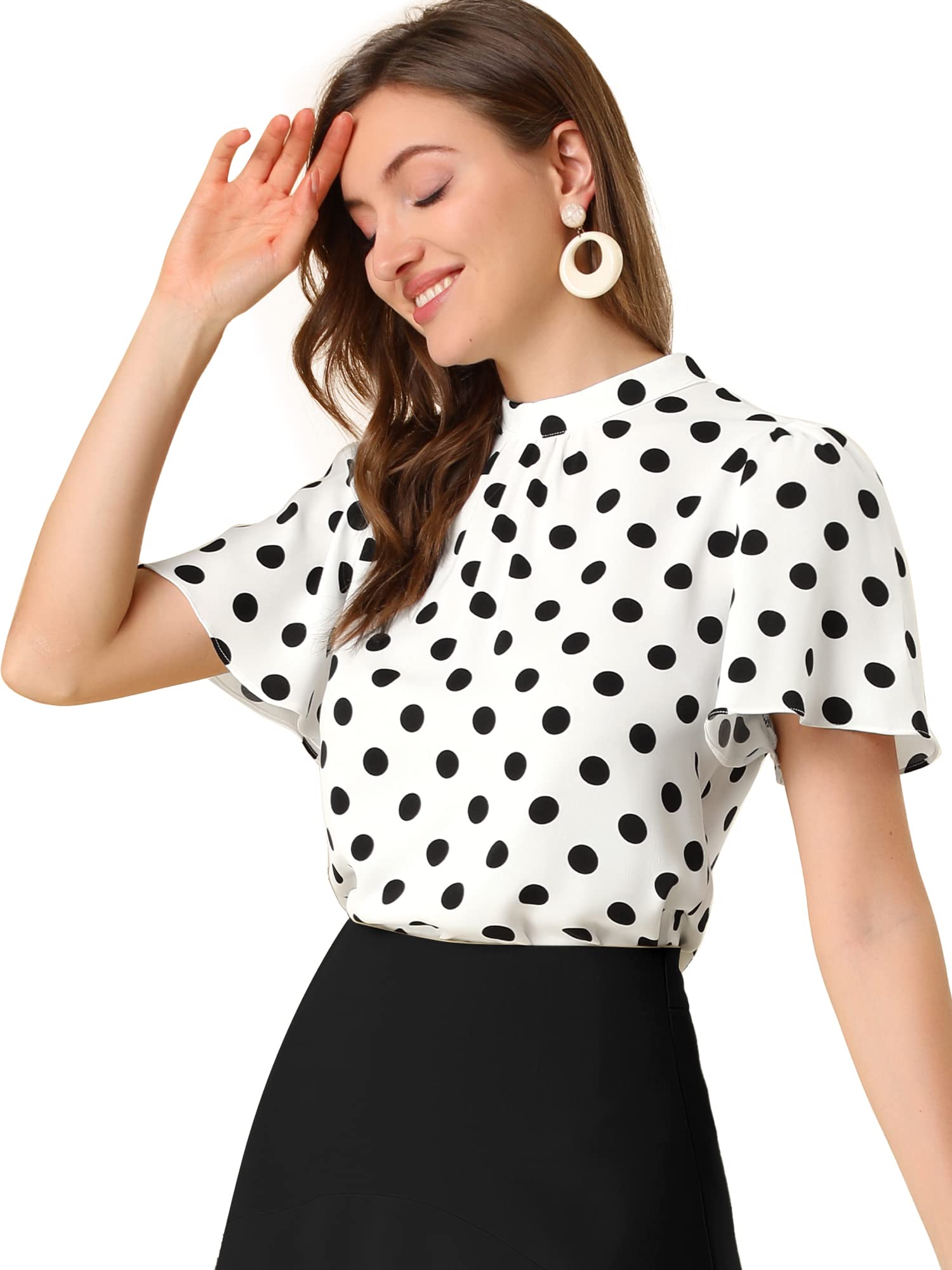 Allegra K Women's Polka Dots Blouse Stand Collar Pleat Keyhole Back Short Flare Sleeve Tops Medium White Black