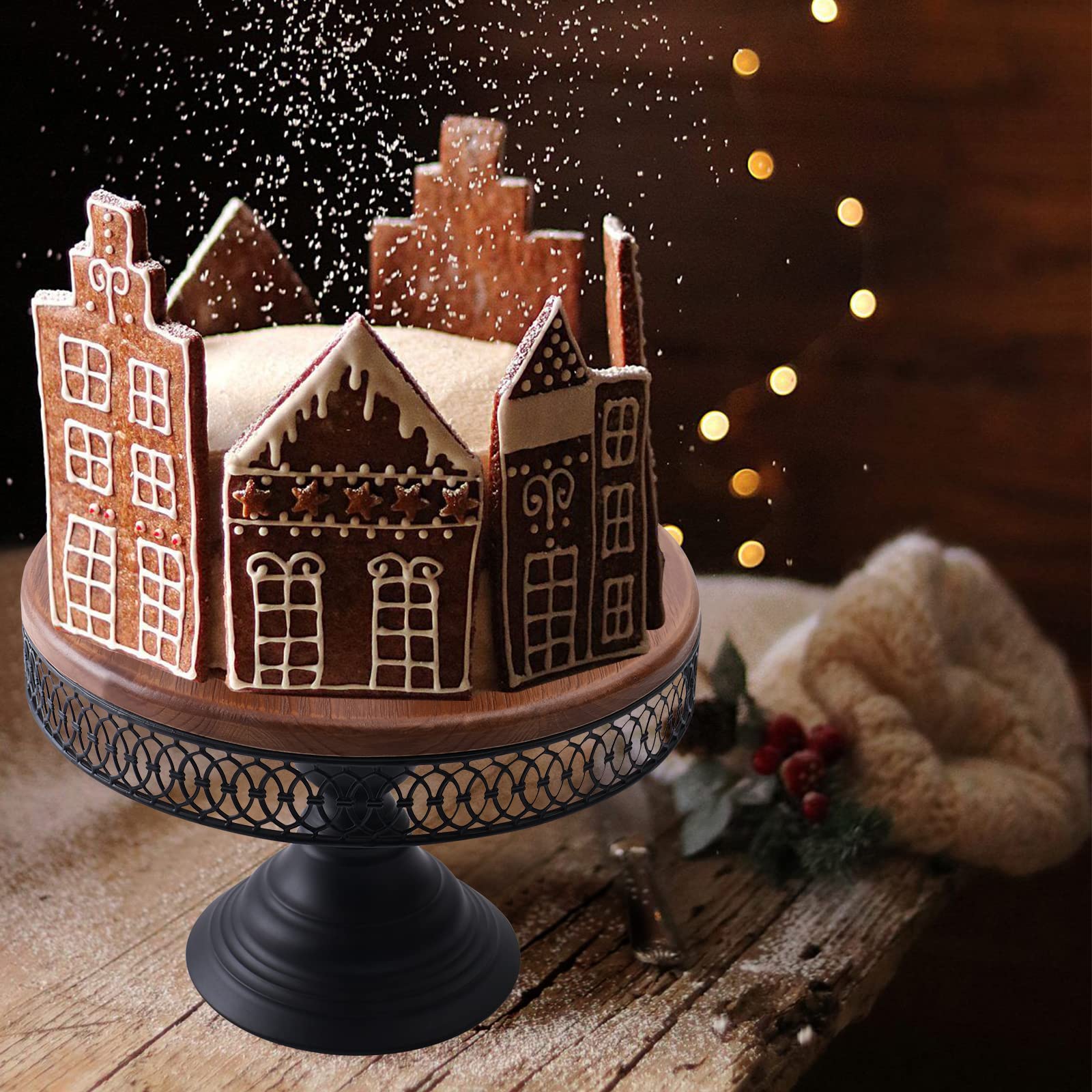 weharnar Rustic Cake Stand Round Wooden Cake Stand and Dessert Pedestal Display Stand with Black Base, Dessert Cupcake Pastry Candy Display Plate for Wedding Birthday Event Party 12 inches