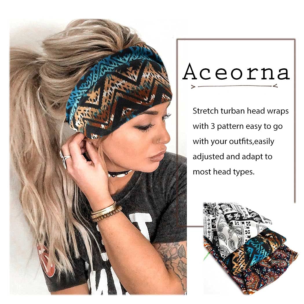 Aceorna Boho Bandeau Headbands Wide Knot Hair Band Stretch Turban Head Wraps Fashion Hair Accessories for Women 3 Pcs (Retro)