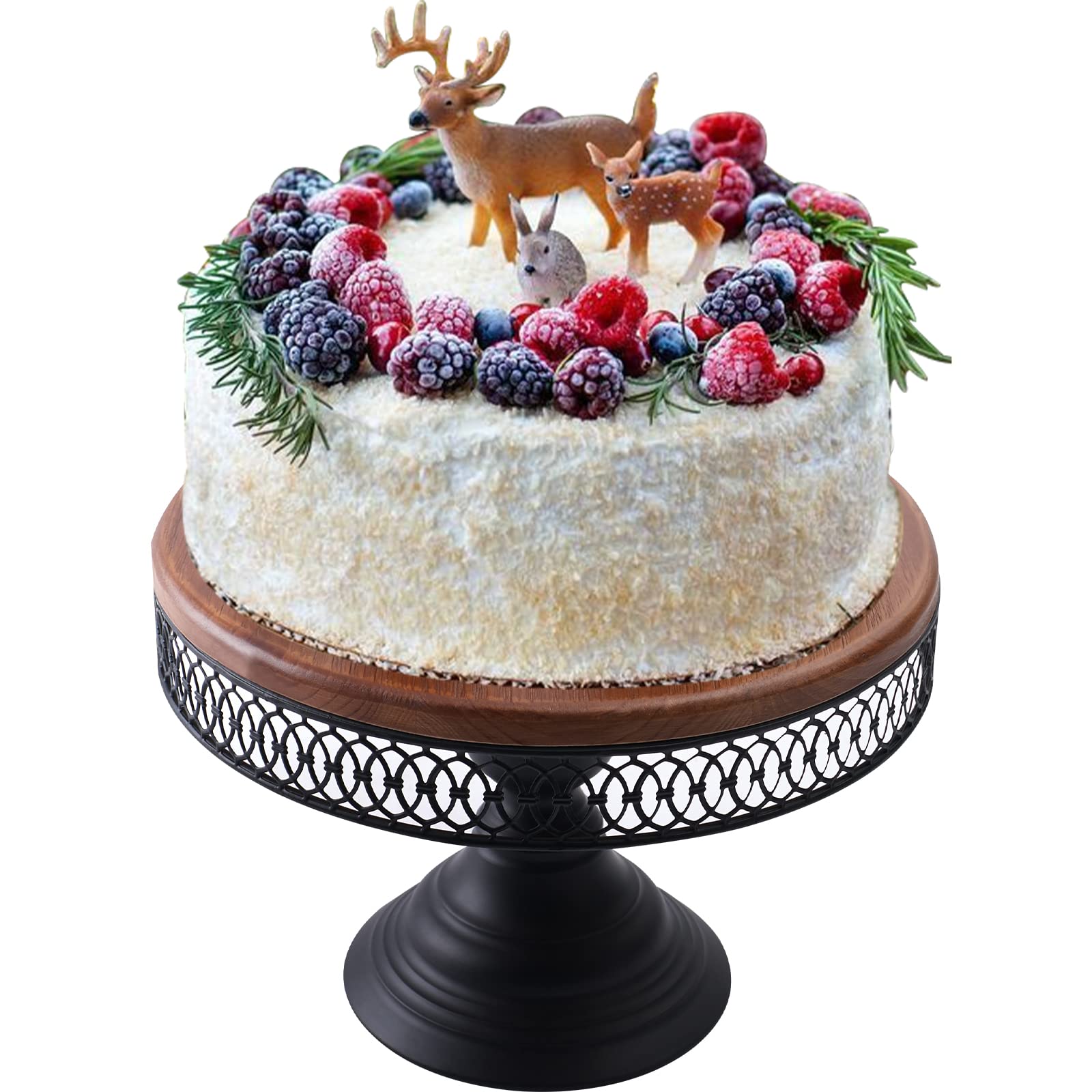 weharnar Rustic Cake Stand Round Wooden Cake Stand and Dessert Pedestal Display Stand with Black Base, Dessert Cupcake Pastry Candy Display Plate for Wedding Birthday Event Party 12 inches